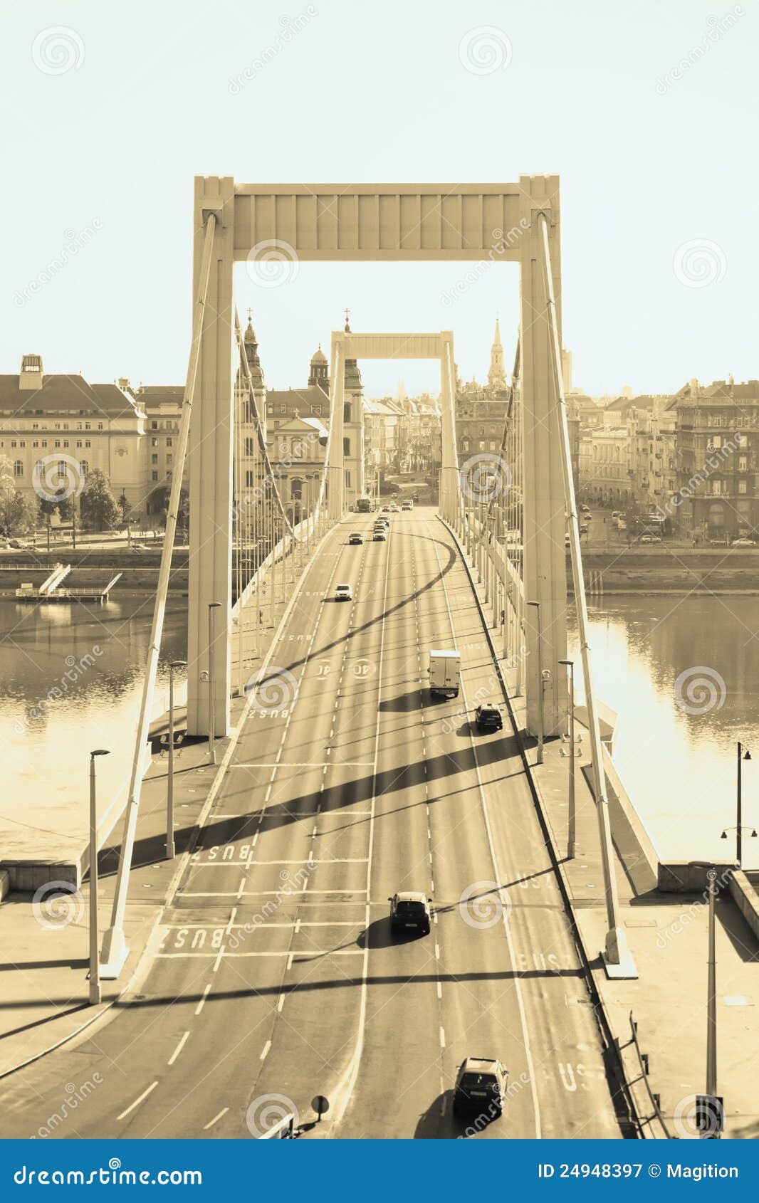 Elizabeth Bridge, Budapest in Golden Color Stock Image - Image of cable ...