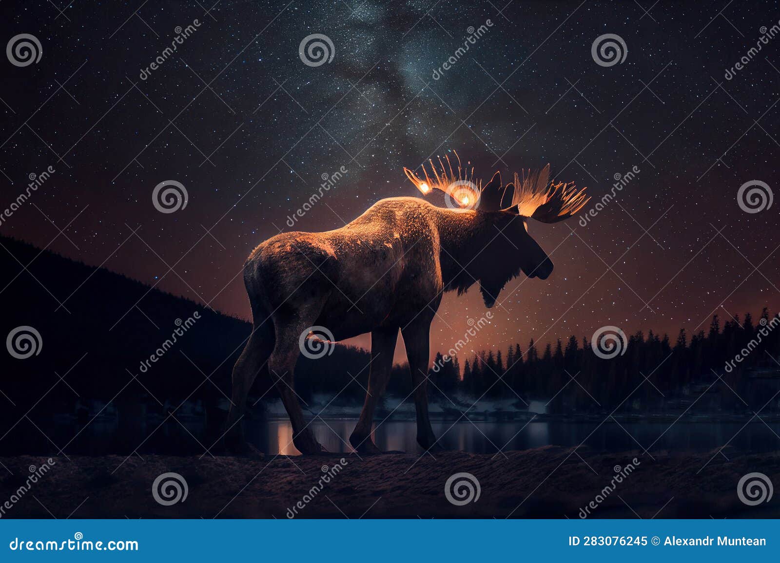Elk at starry night. stock illustration. Illustration of beautiful ...
