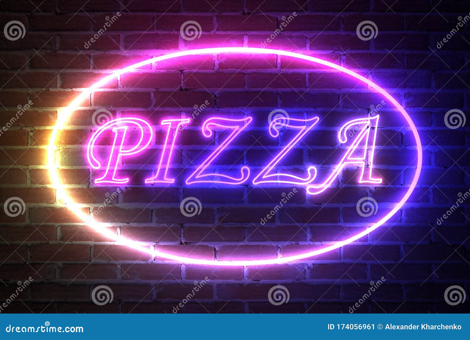 Ellipse Neon Light Frame with Pizza Sign. 3d Rendering Stock ...