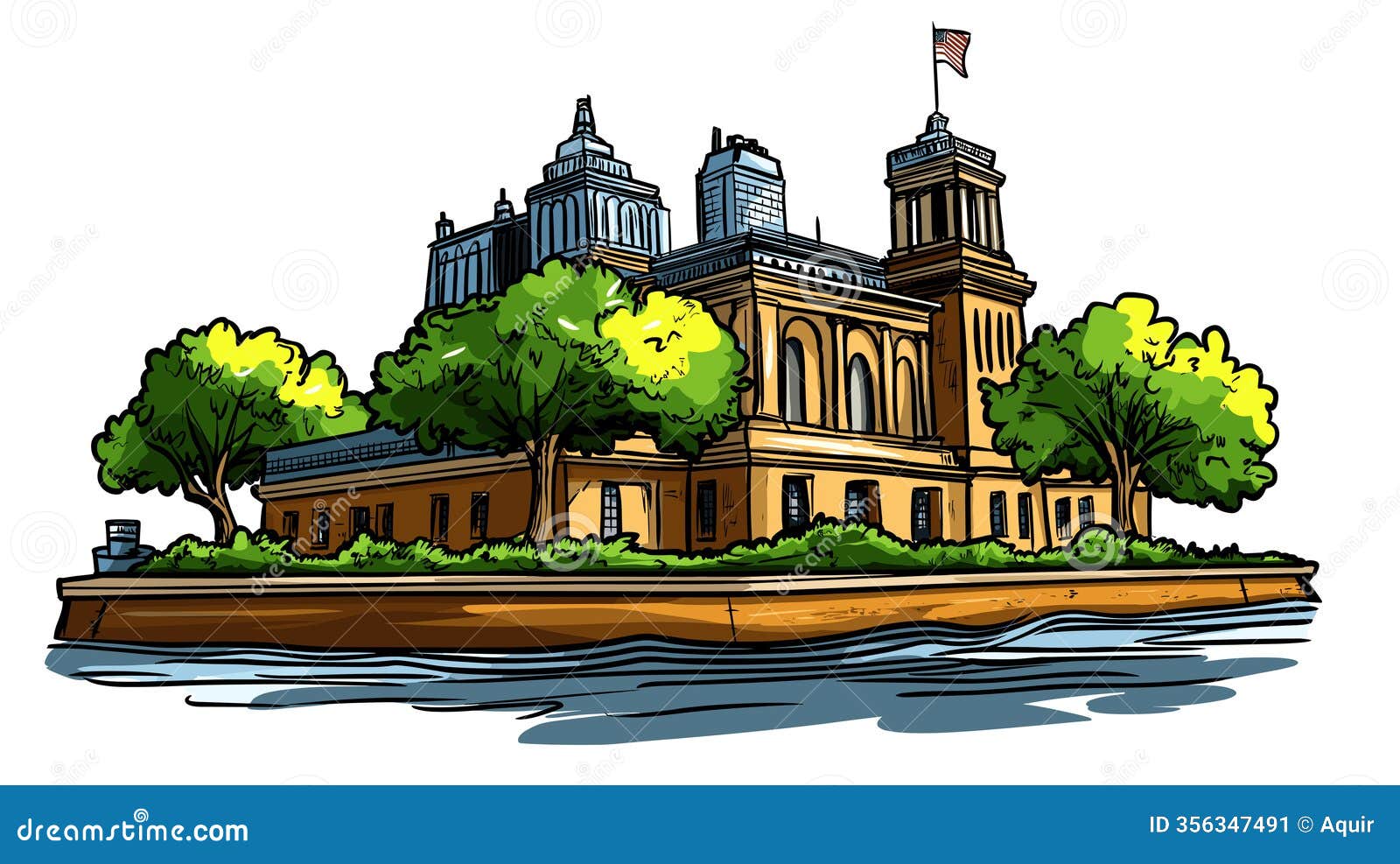 Ellis Island in New York. Vector Comic Hand-drawn Illustration of Ellis ...