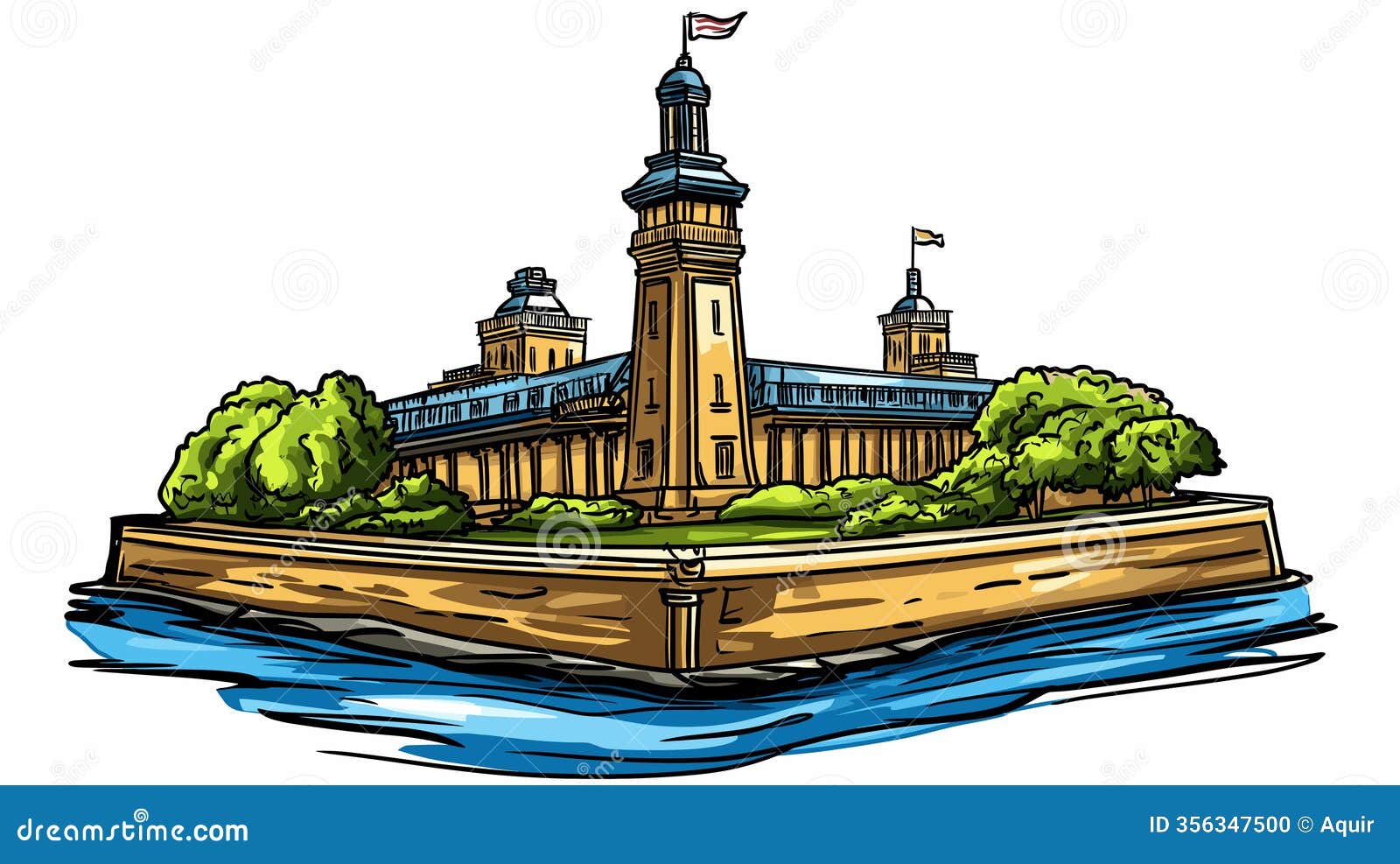 Ellis Island in New York. Vector Comic Hand-drawn Illustration of Ellis ...
