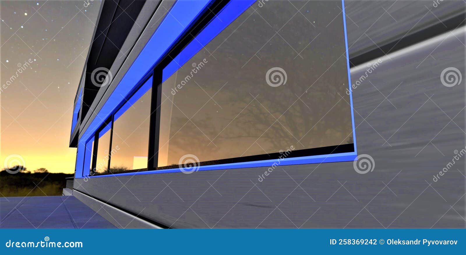 Elongated Panoramic Window Illuminated with Blue Light. Reflection of ...