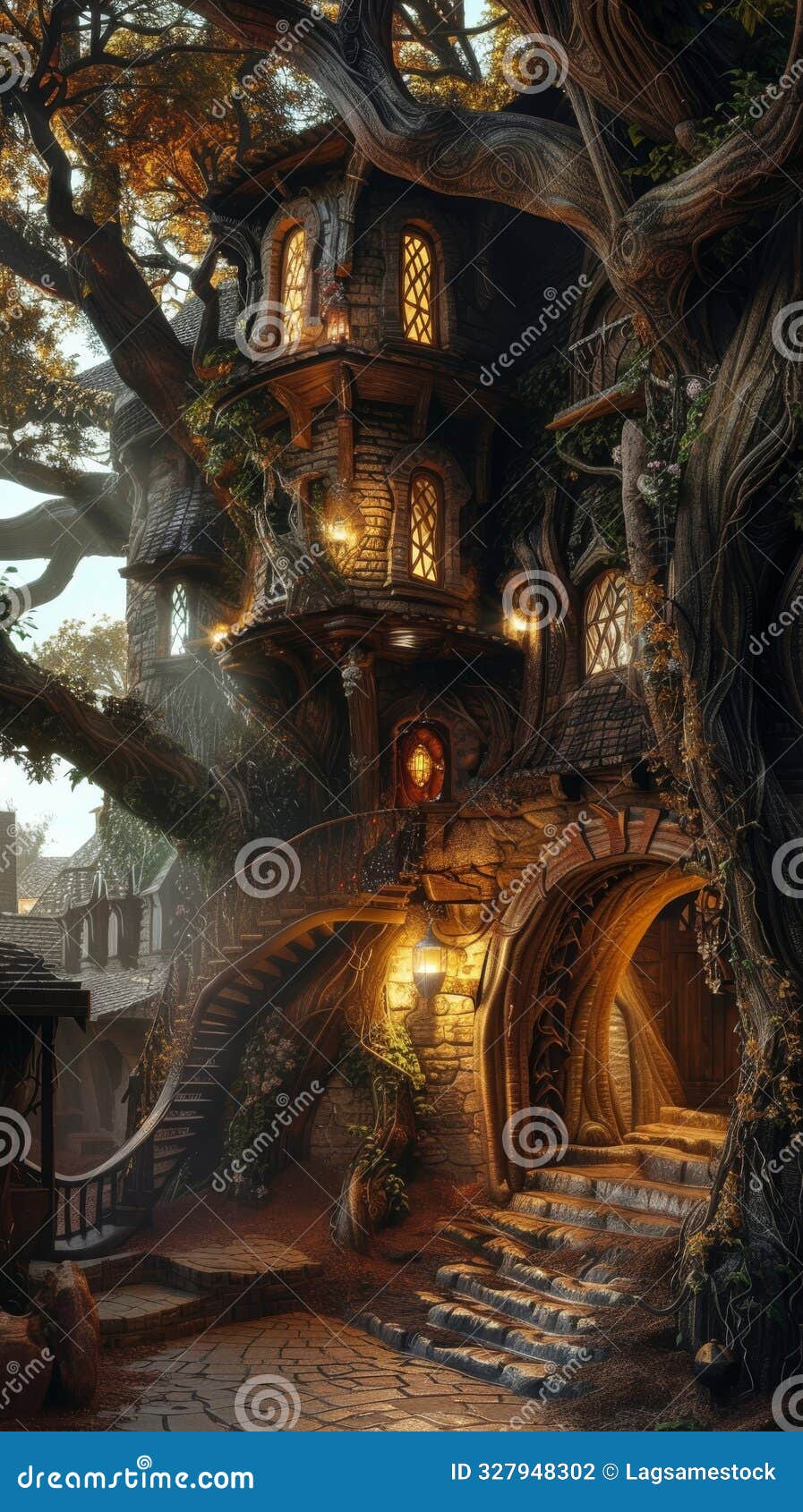 Elven City Hidden Inside an Ancient Tree Stock Illustration ...