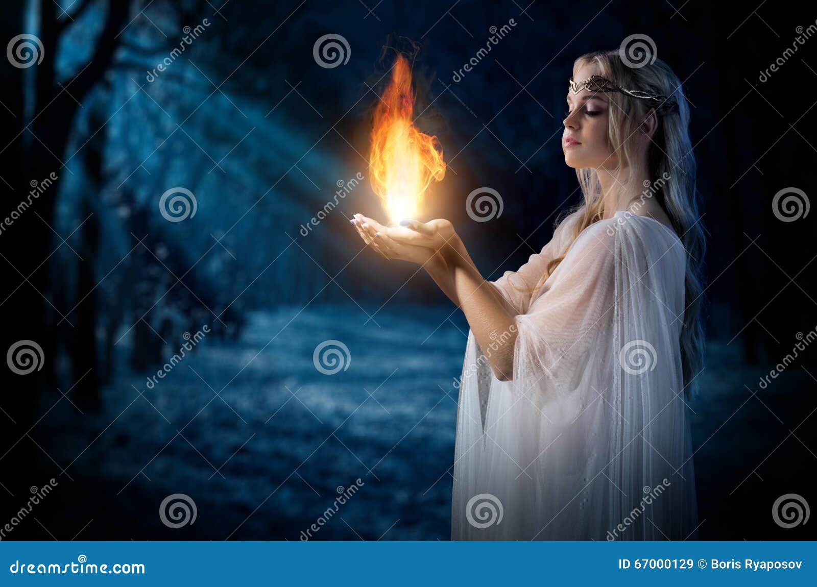 Elven Girl Holding Fire in Palms at Night Forest Stock Image - Image of ...