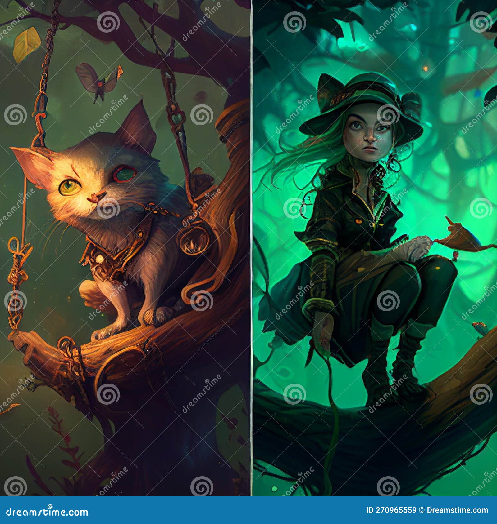 Elves and Cats in the Forest Stock Illustration - Illustration of ...