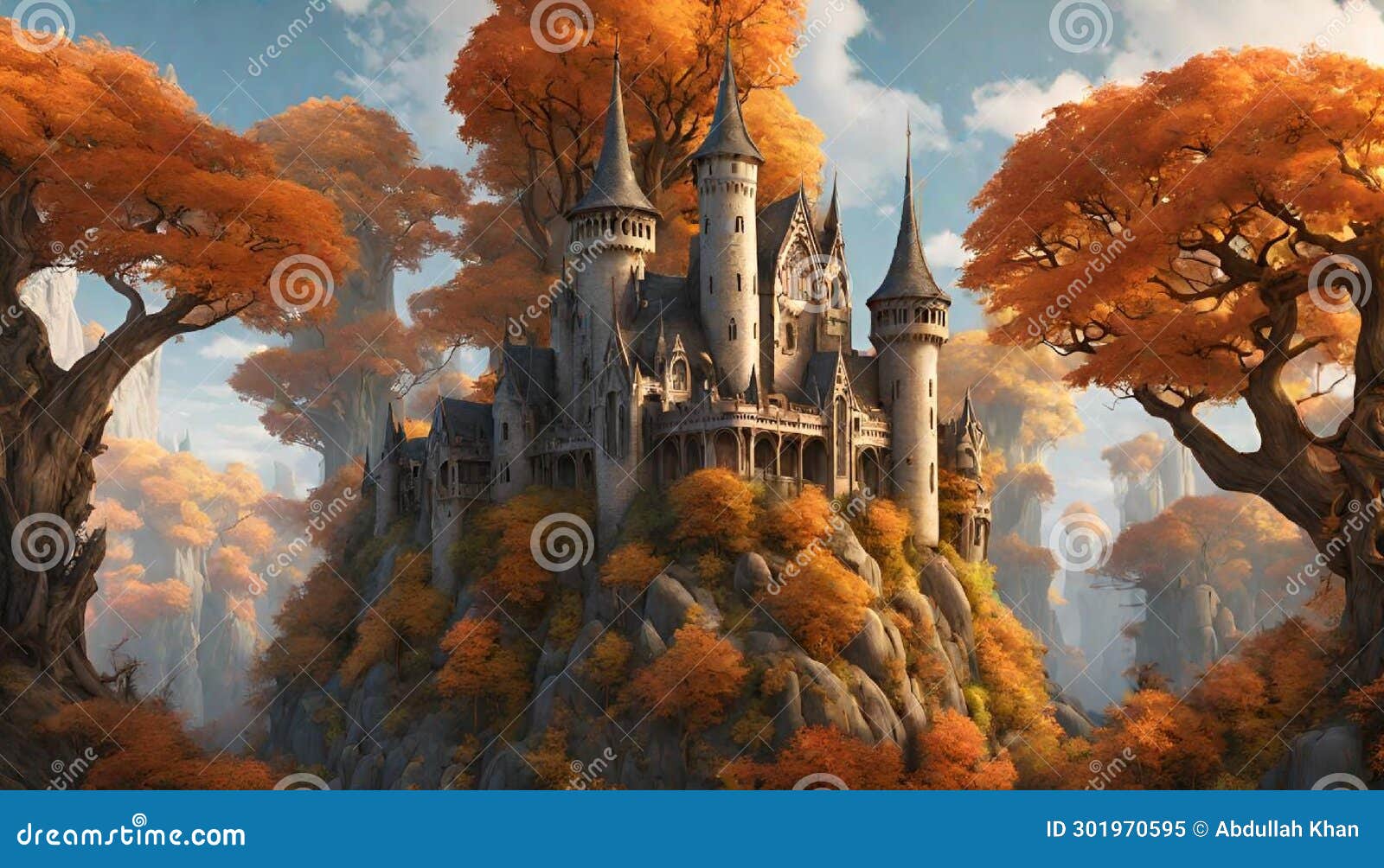 Elvish Castle in Autumn Forest with Massive Trees and Extremely ...