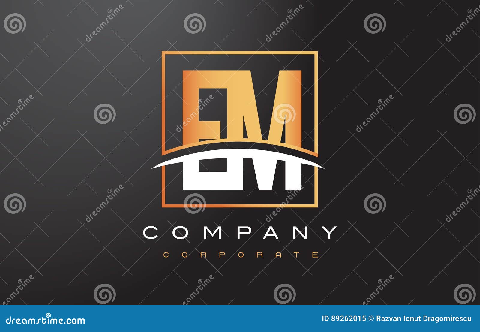 EM E M Golden Letter Logo Design with Gold Square and Swoosh. Stock ...