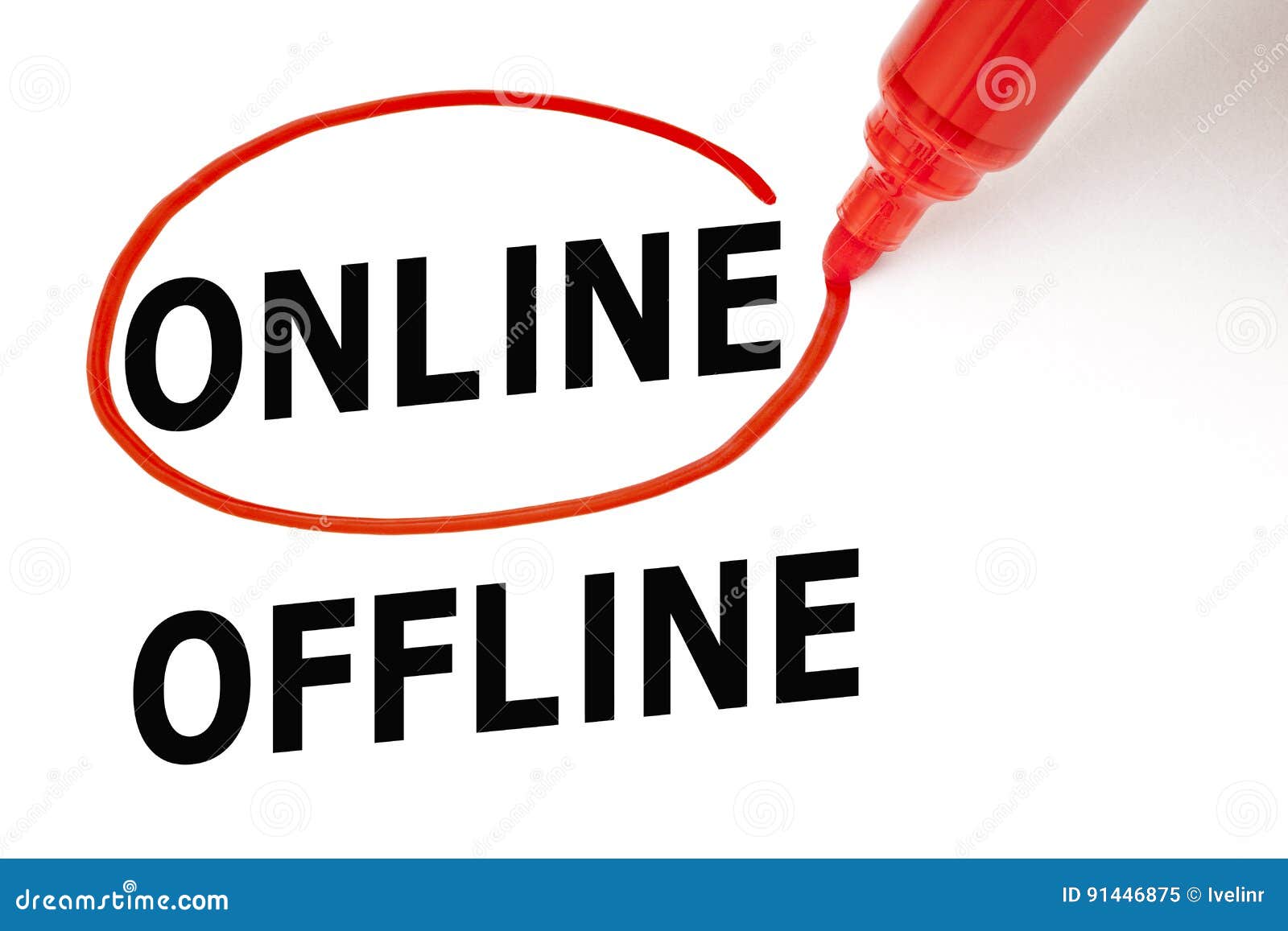 Em Linha Ou Off Line Com Marcador Vermelho Imagem de Stock - Imagem de ...