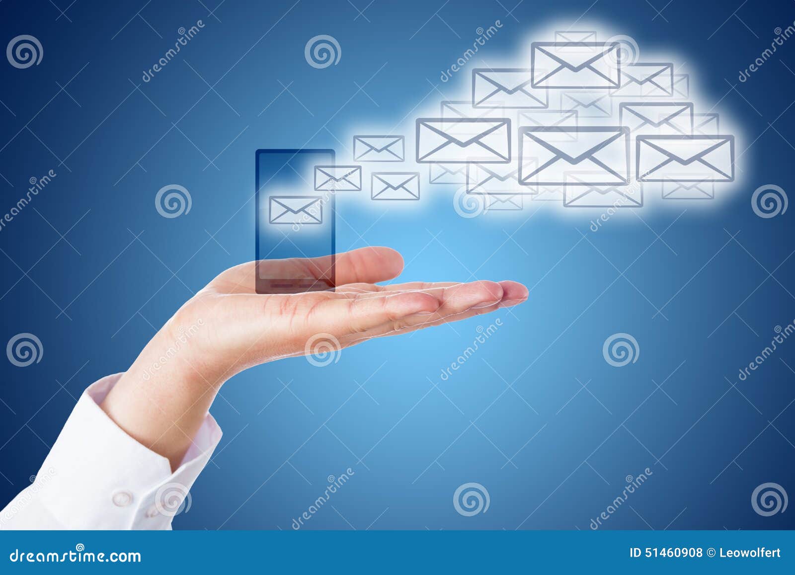 Email Cloud Leaving Smart Phone Over Blue Ground Stock Photo - Image of ...