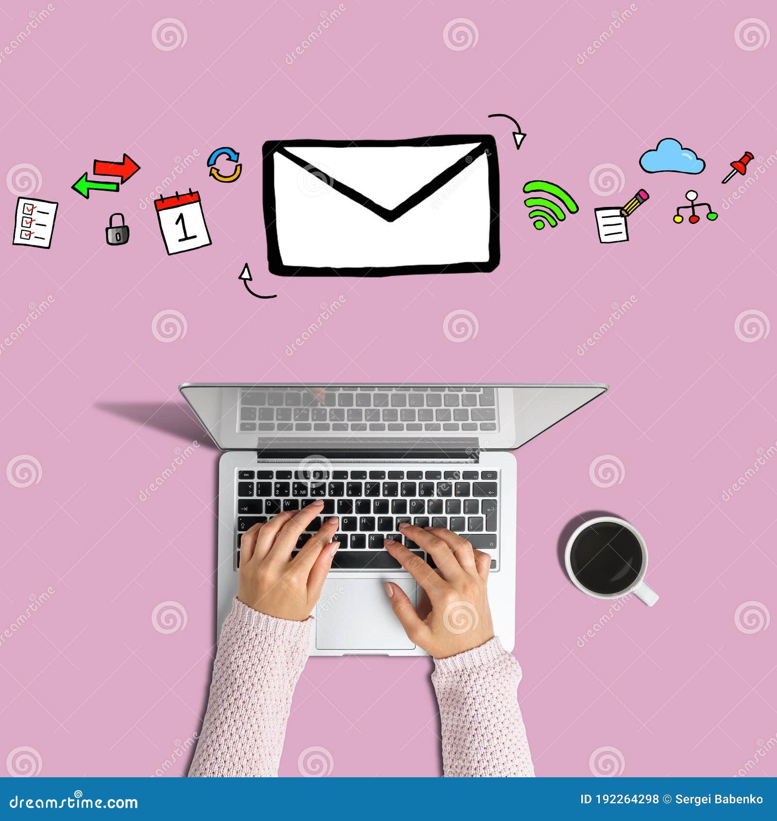 Email Communication Concept. Hands with Laptop and Email Icon Stock ...