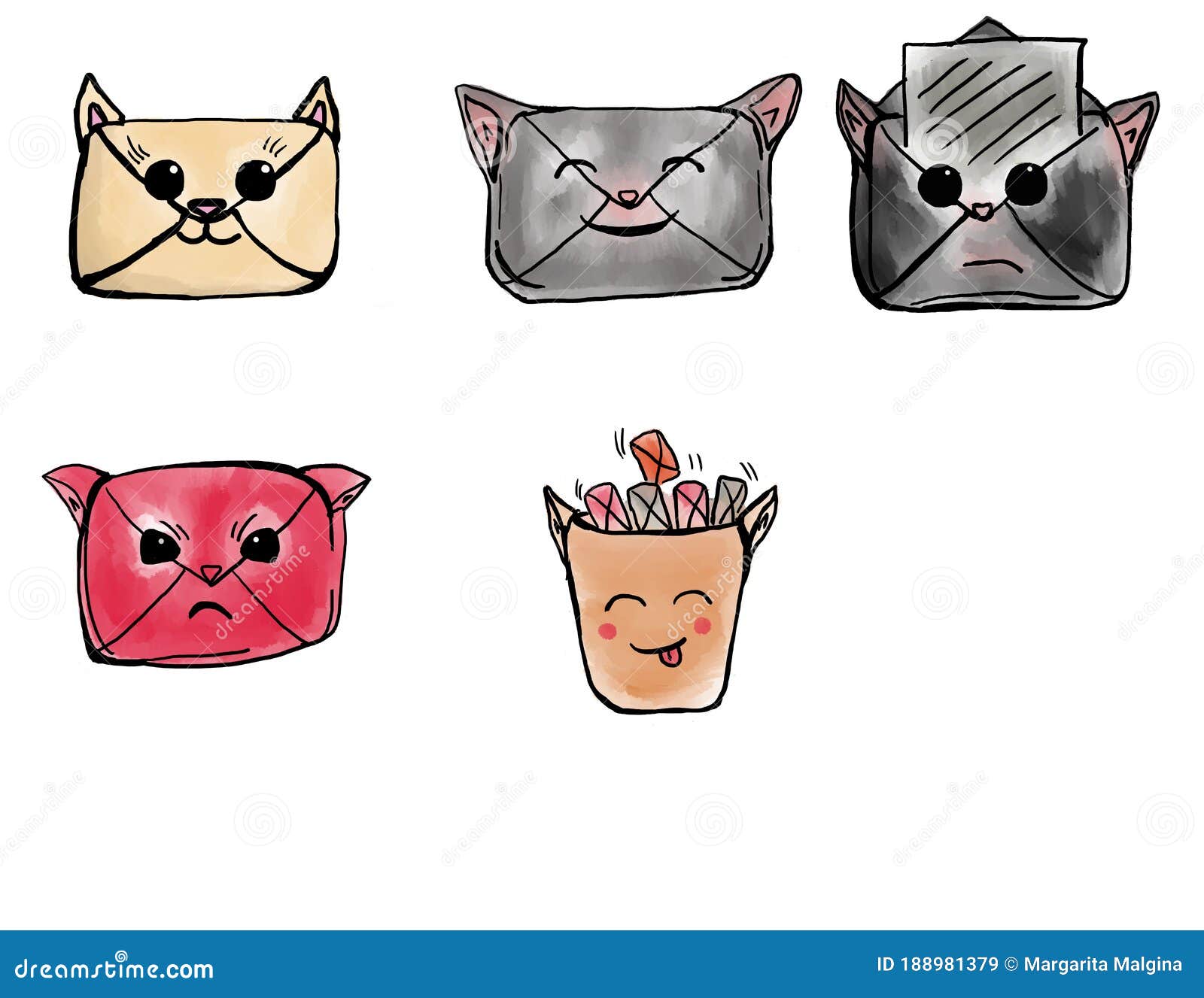 Email icon kawaii set cat stock illustration. Illustration of comic ...