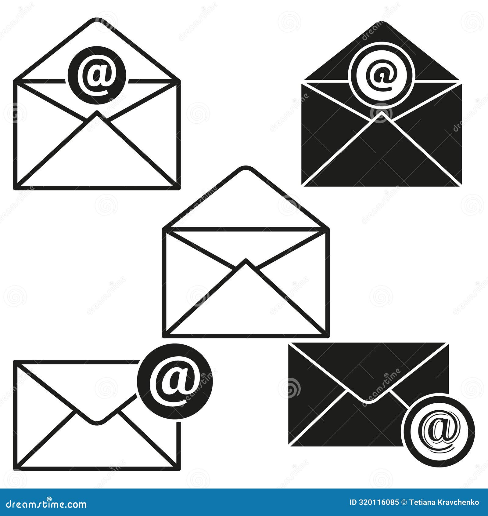 Email Icon Set. Black and White Envelopes. at Symbol Included. Vector ...