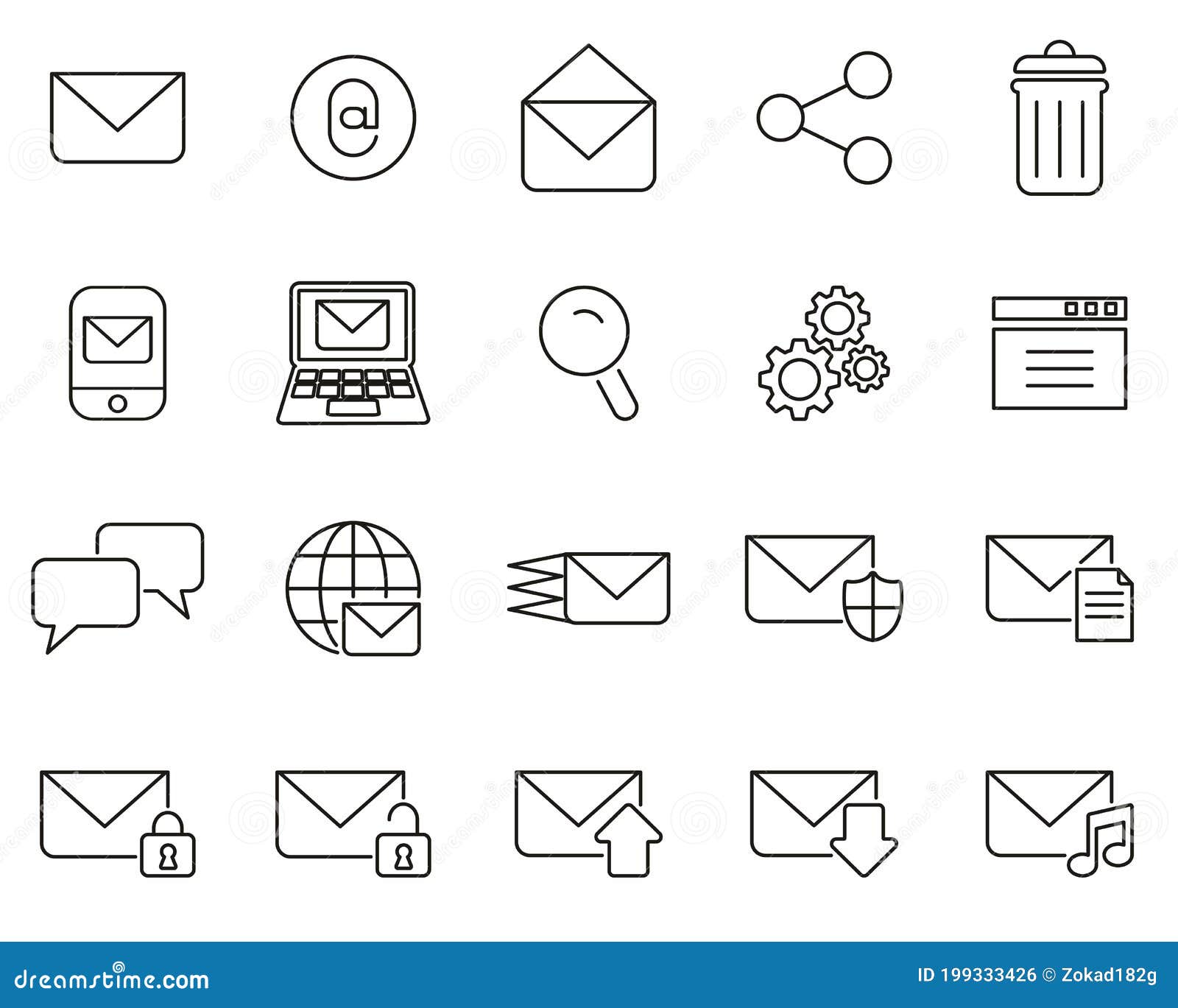 Email Icons Black & White Thin Line Set Big Stock Vector - Illustration ...