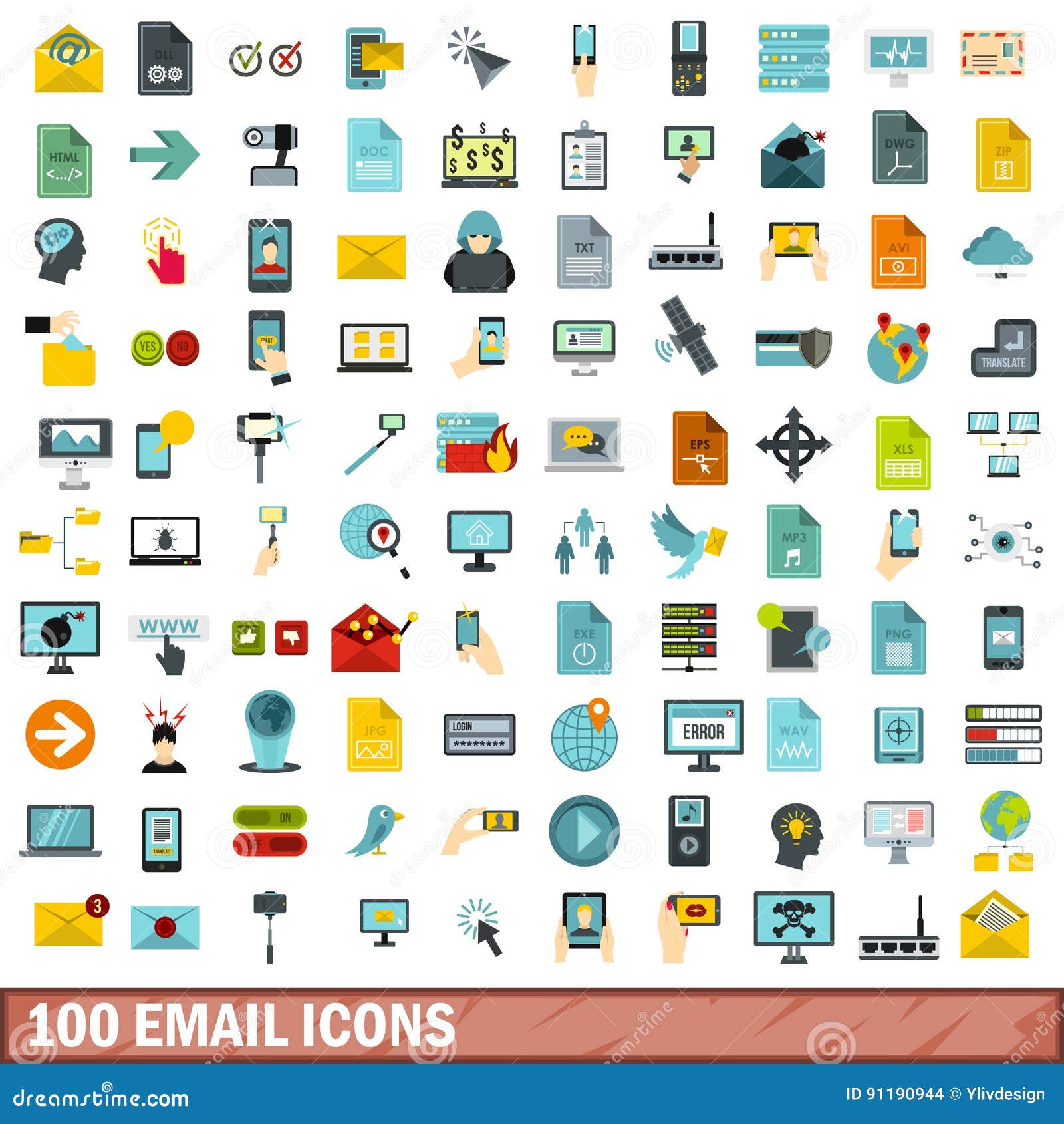 100 Email Icons Set, Flat Style Stock Vector - Illustration of firewall ...