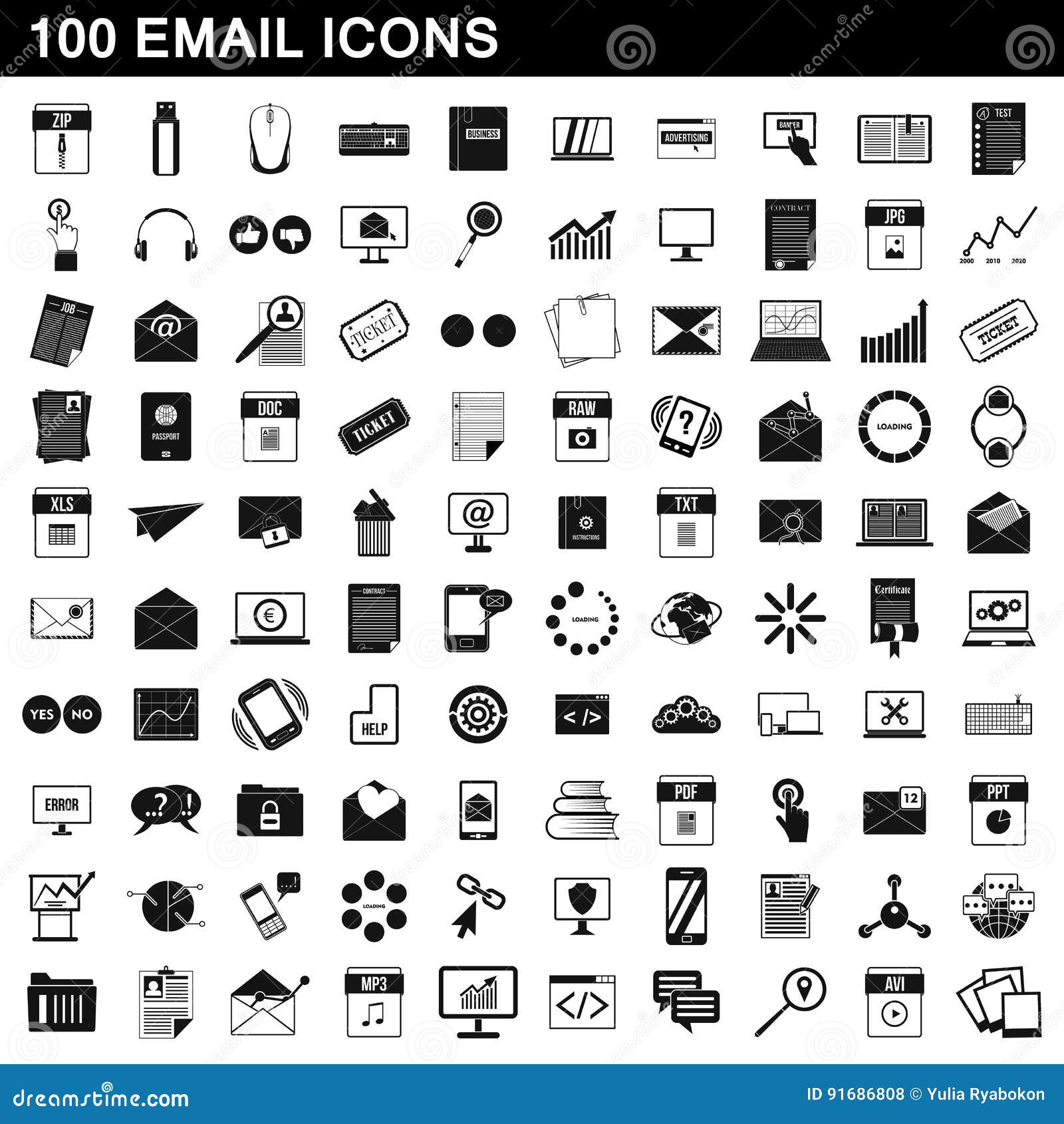 100 Email Icons Set, Simple Style Stock Vector - Illustration of mail ...