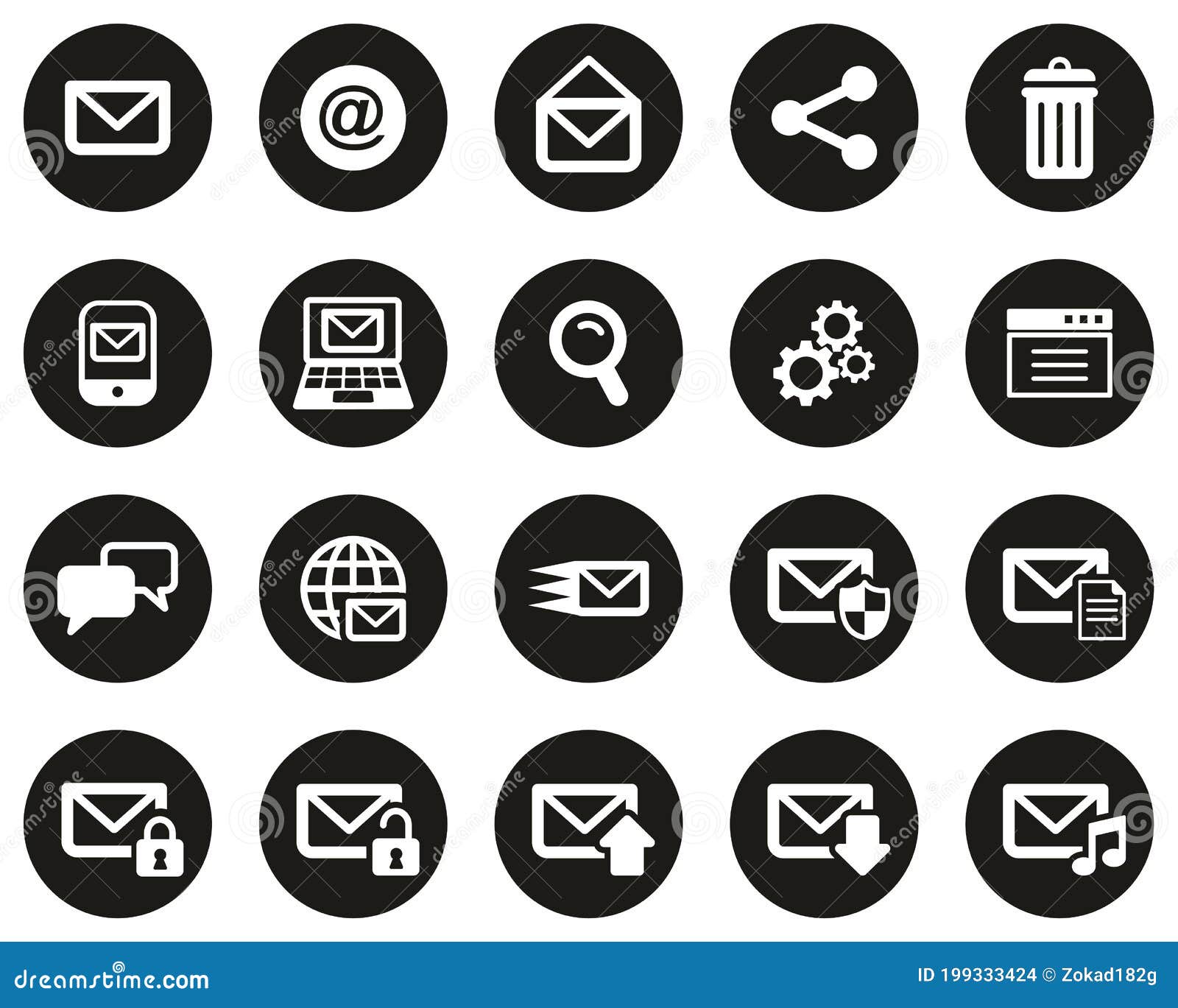 Email Icons White on Black Flat Design Circle Set Big Stock Vector ...