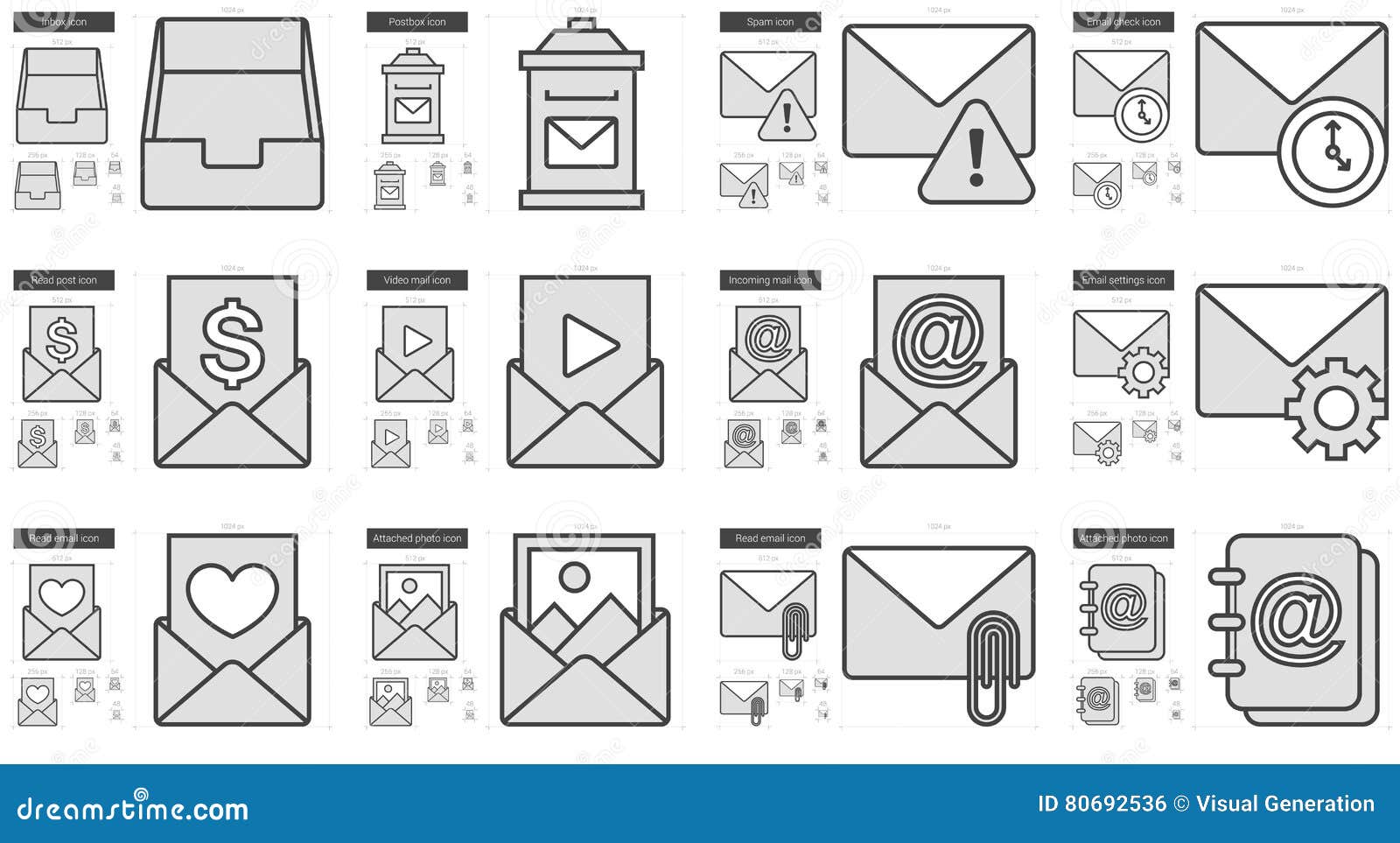Email line icon set. stock vector. Illustration of communication - 80692536