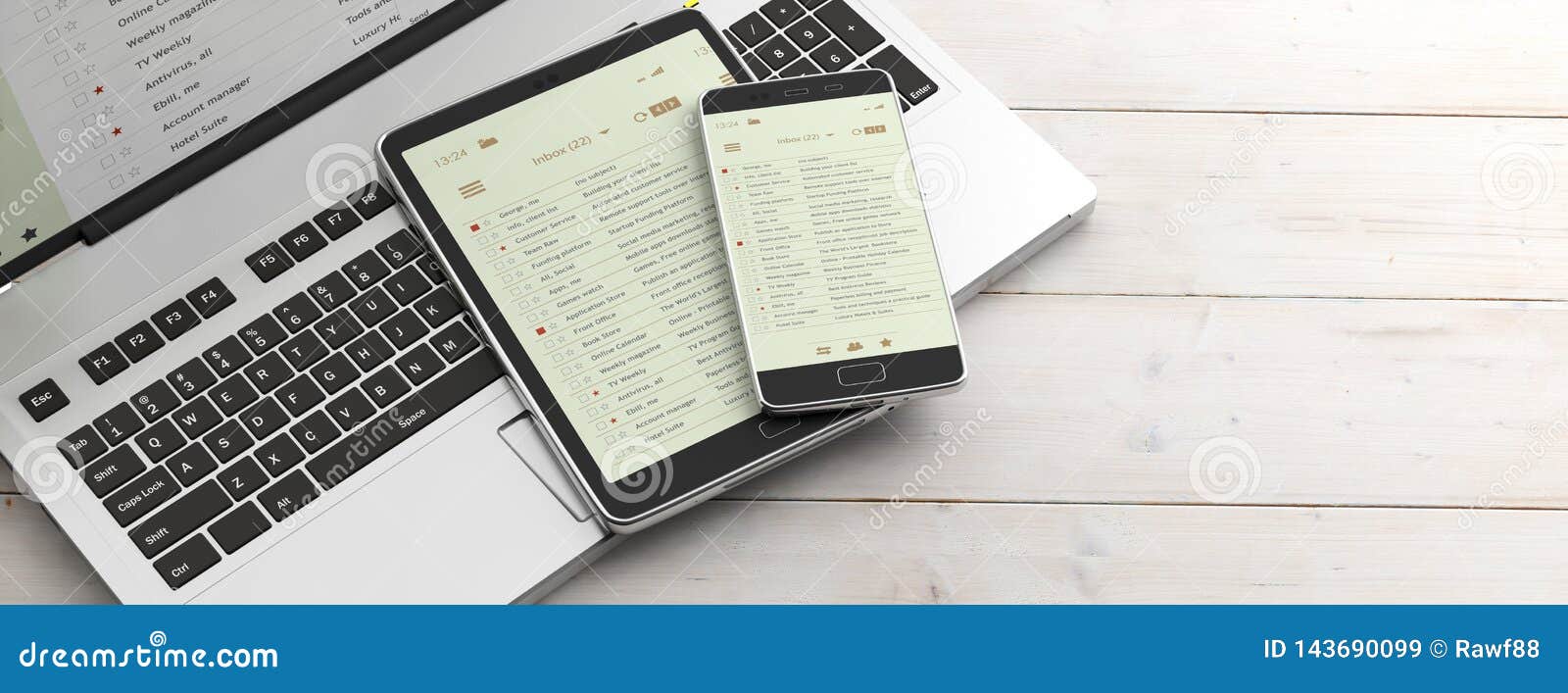 Email Lists on Smartphone and Tablet Screens, Computer Keyboard and ...