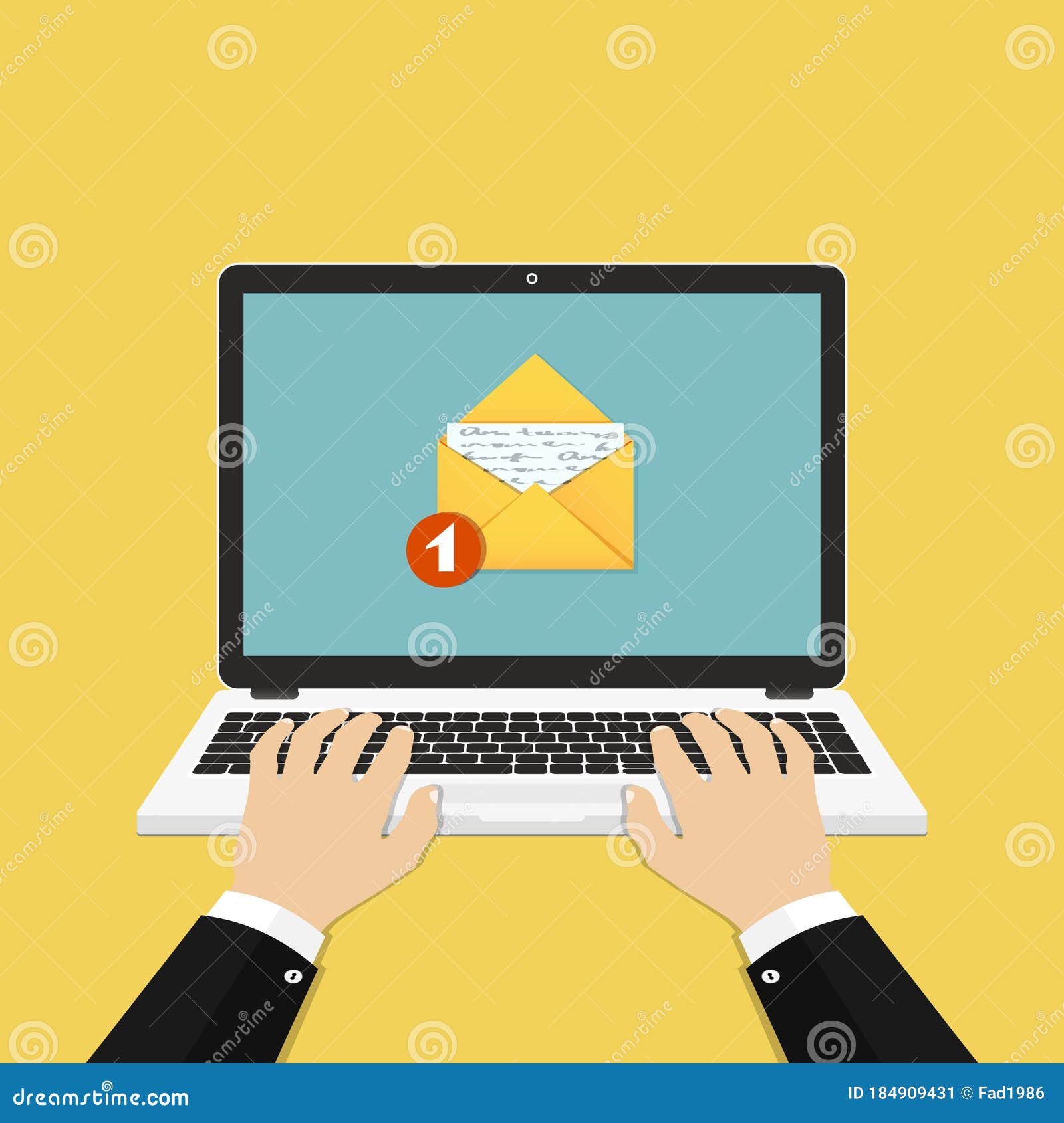 Email Notification. Man Hands Using Laptop with New Email Icon on ...