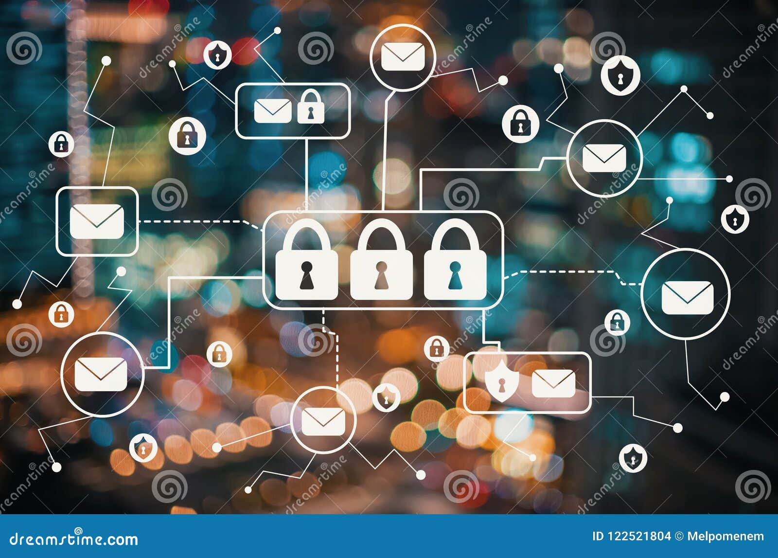 Email Security Theme with Blurred City Lights Stock Photo - Image of ...