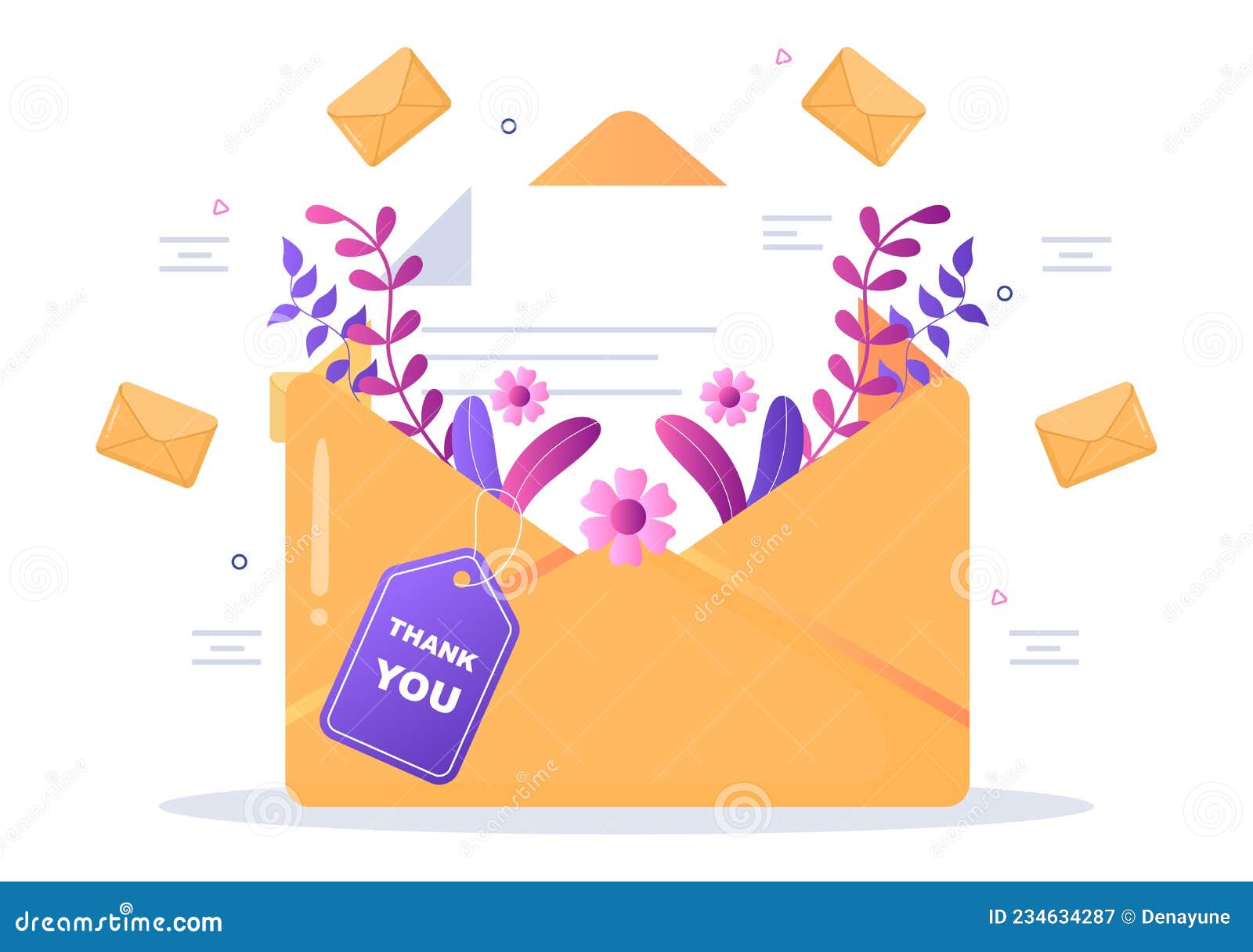 Email Thank You Banner Flat Illustration With Envelope Greeting Card ...