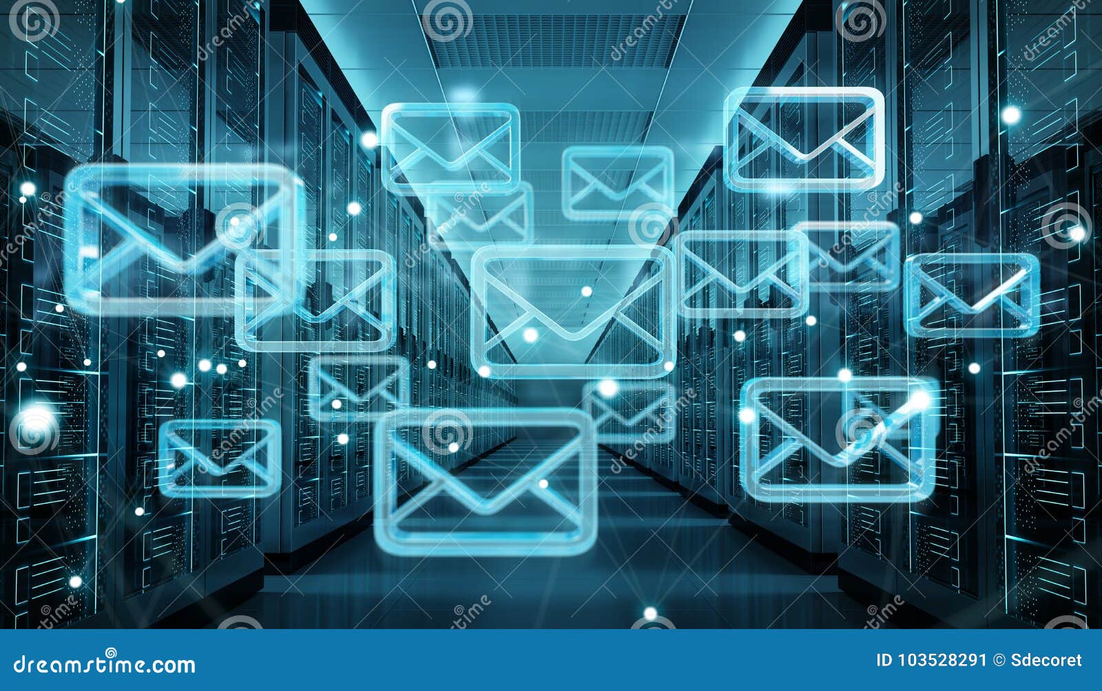 Emails Exchange Over Server Room Data Center 3D Rendering Stock ...