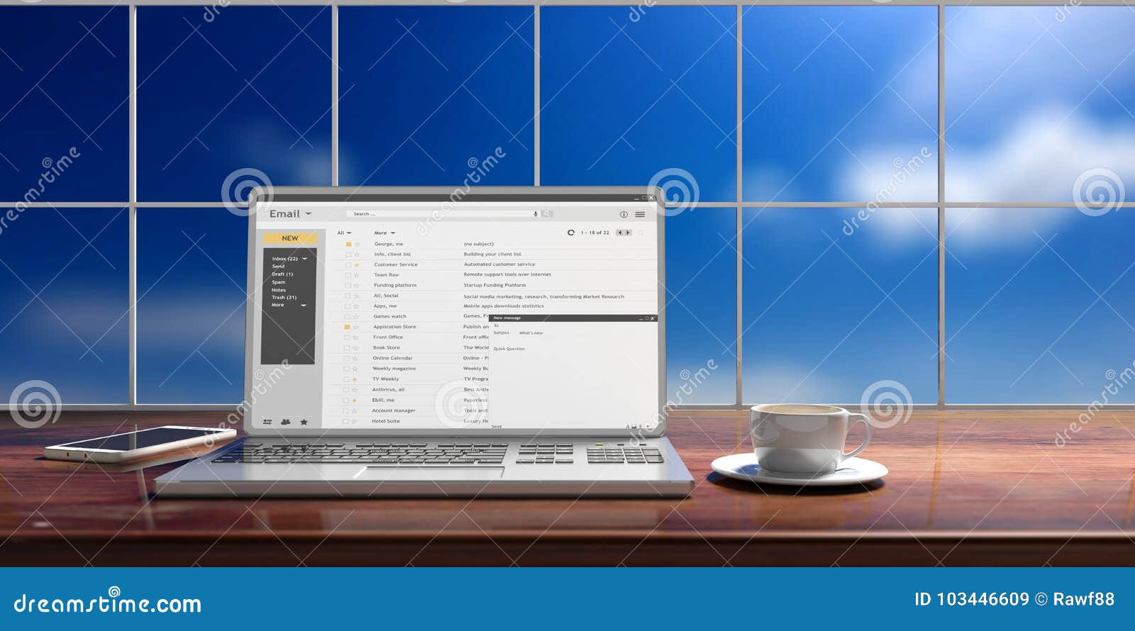 Emails on a Laptop Screen Isolated on an Office Desk, Blue Sky ... Emails on a Laptop Screen Isolated on an Office Desk, Blue Sky ...