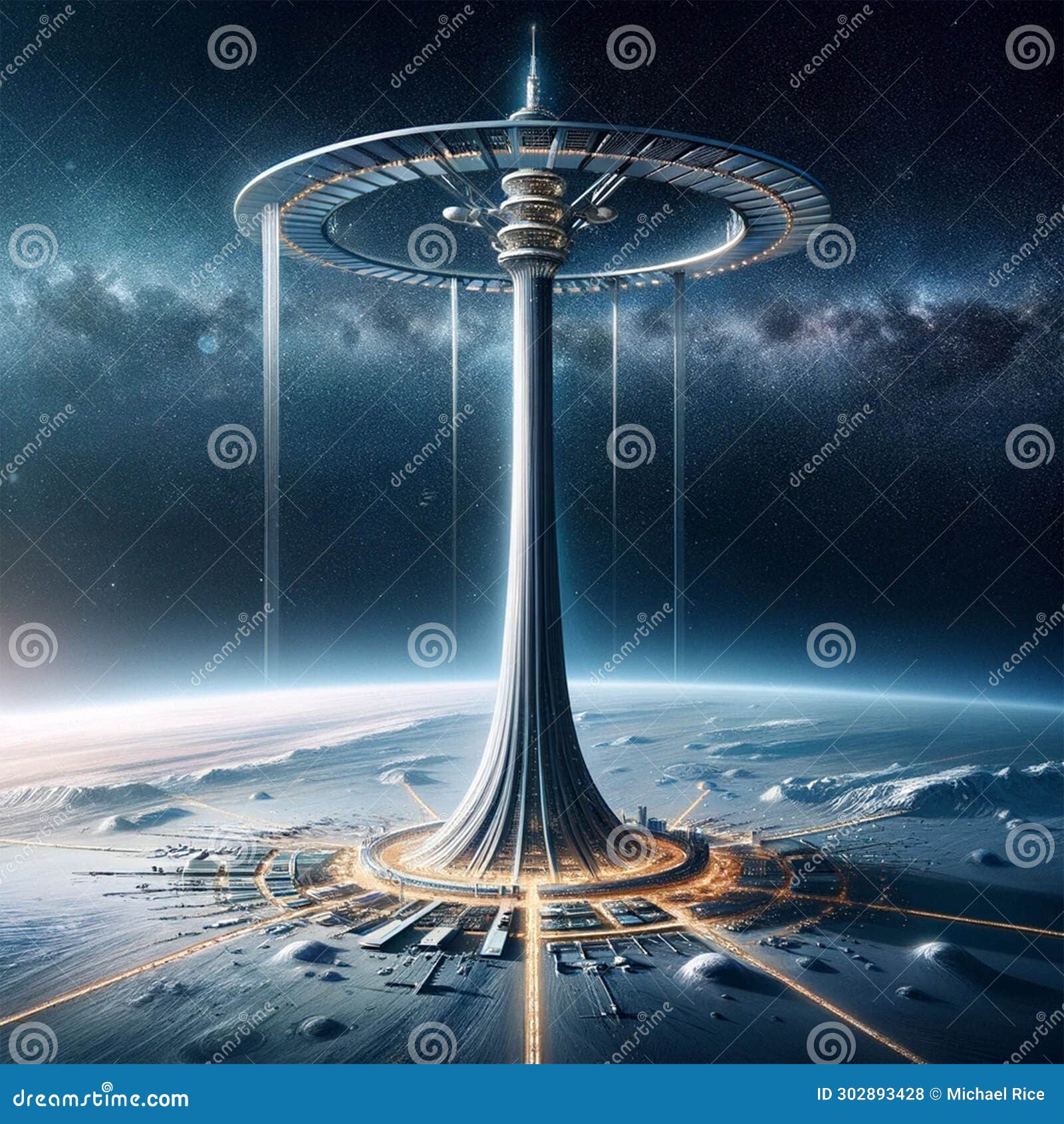 A Space Elevator Connecting A Thriving City On Earth To A Space Station ...
