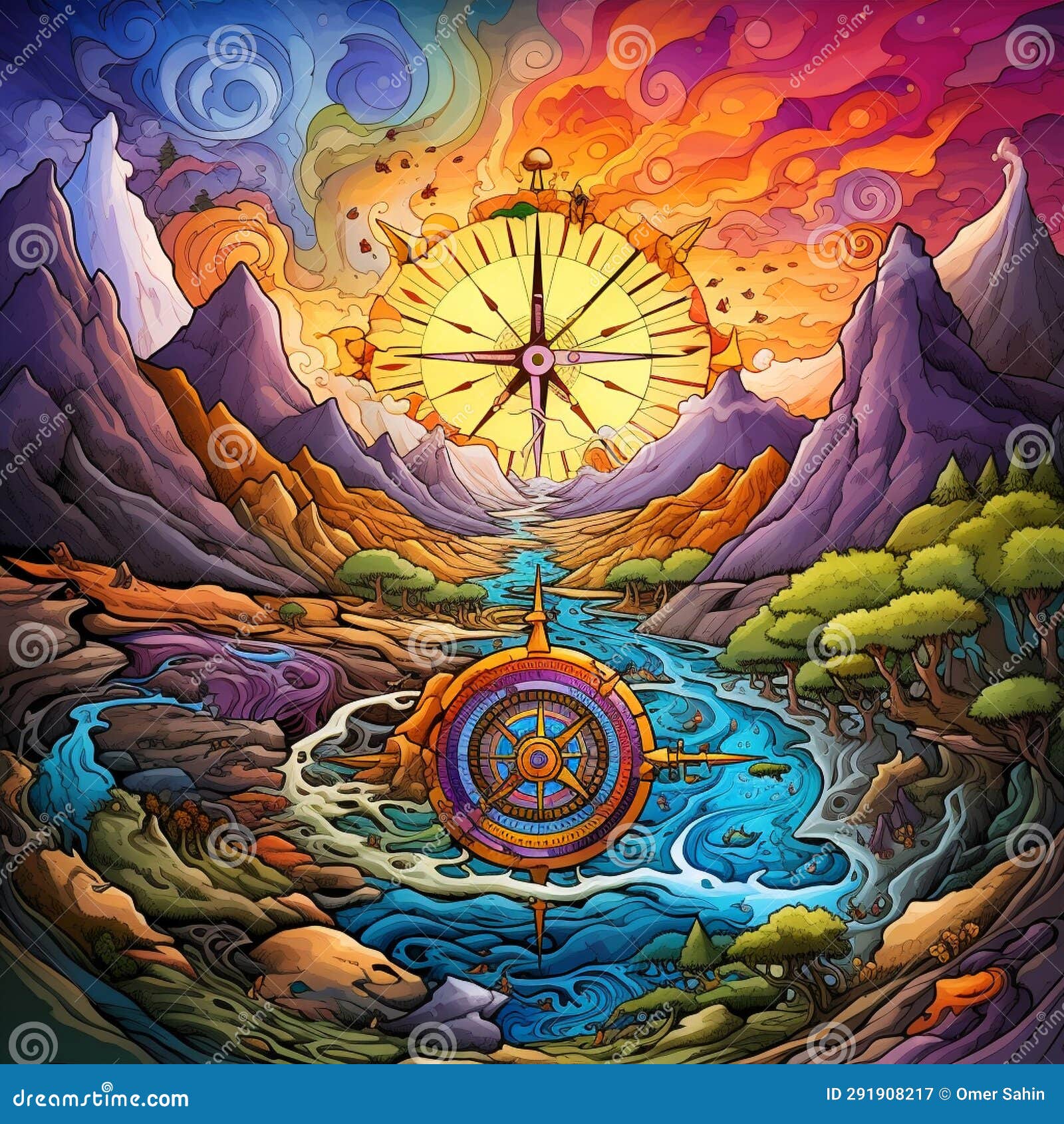 Map and Compass Merge into Fantastical Landscape Stock Image - Image of ...