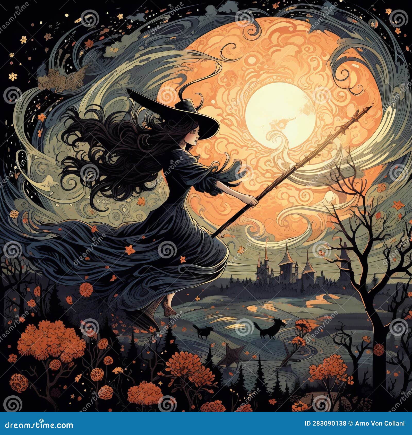 Night of the Witch: a Bewitching Halloween Flight Stock Illustration ...