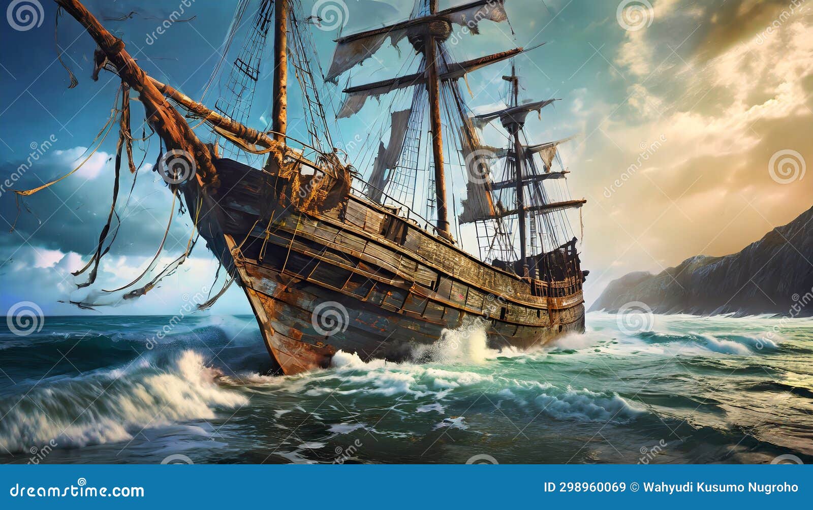 Forgotten Majesty: Decaying Pirate Ship Adrift Stock Illustration ...