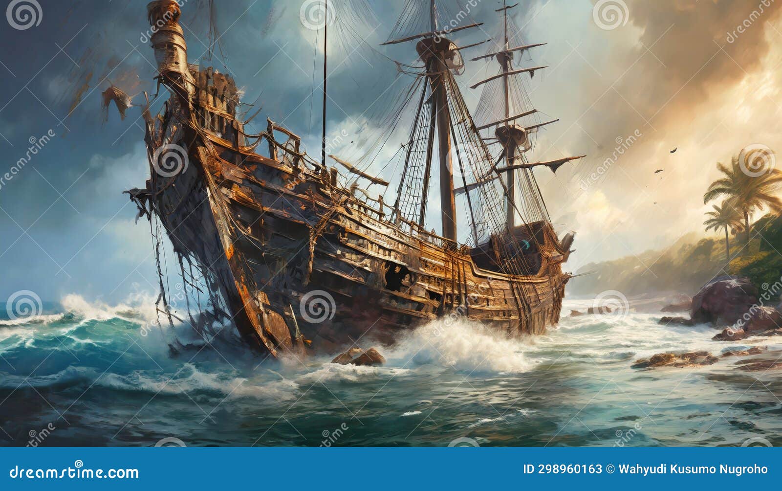 Forgotten Majesty: Decaying Pirate Ship Adrift Stock Illustration ...