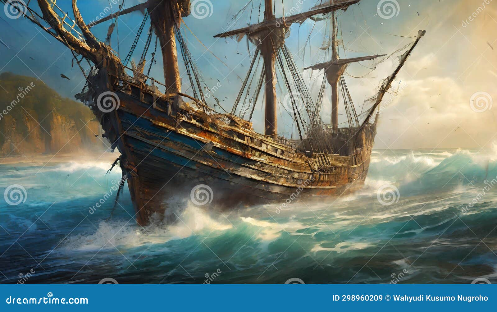 Forgotten Majesty: Decaying Pirate Ship Adrift Stock Image - Image of ...