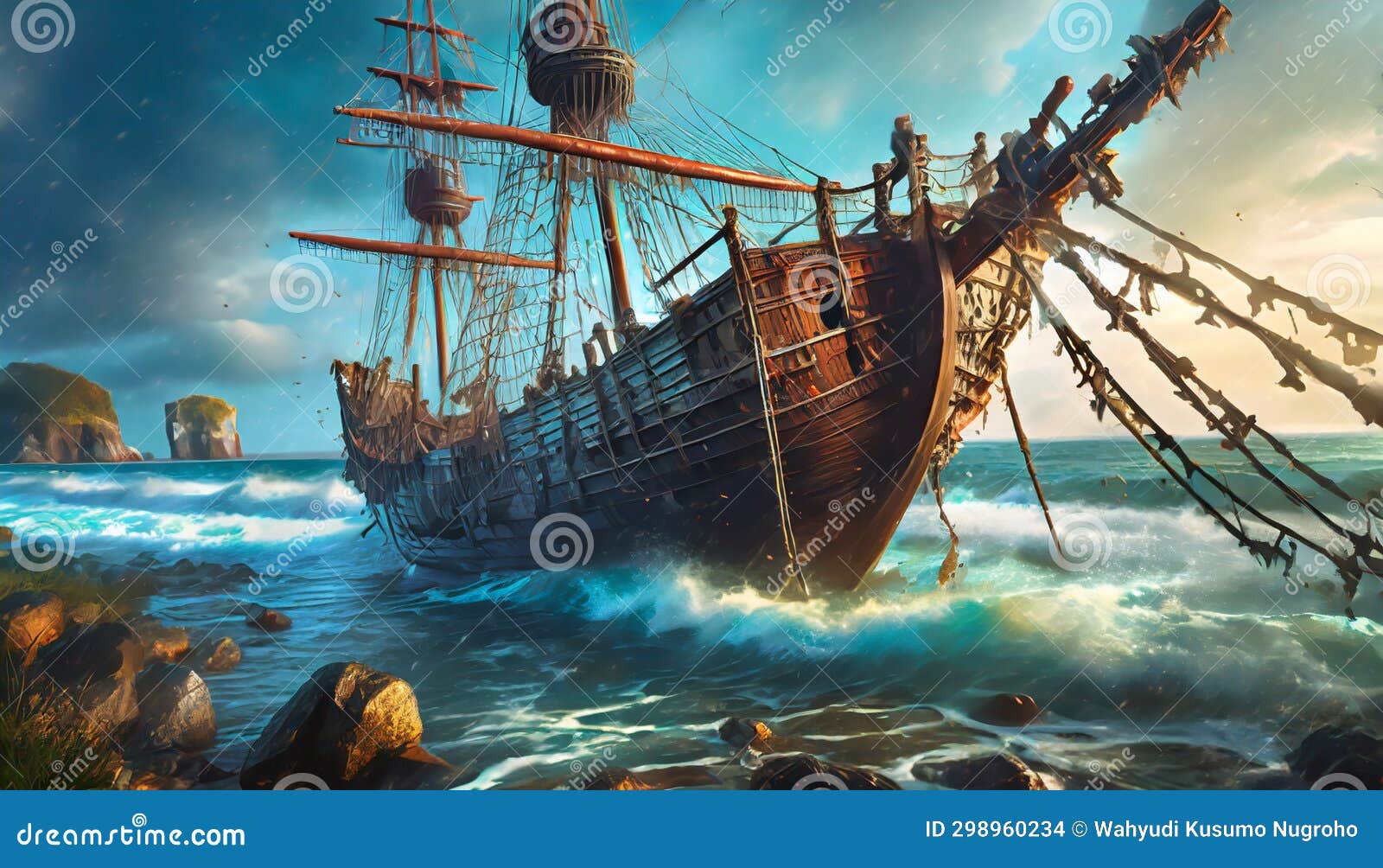 Forgotten Majesty: Decaying Pirate Ship Adrift Stock Photo - Image of ...