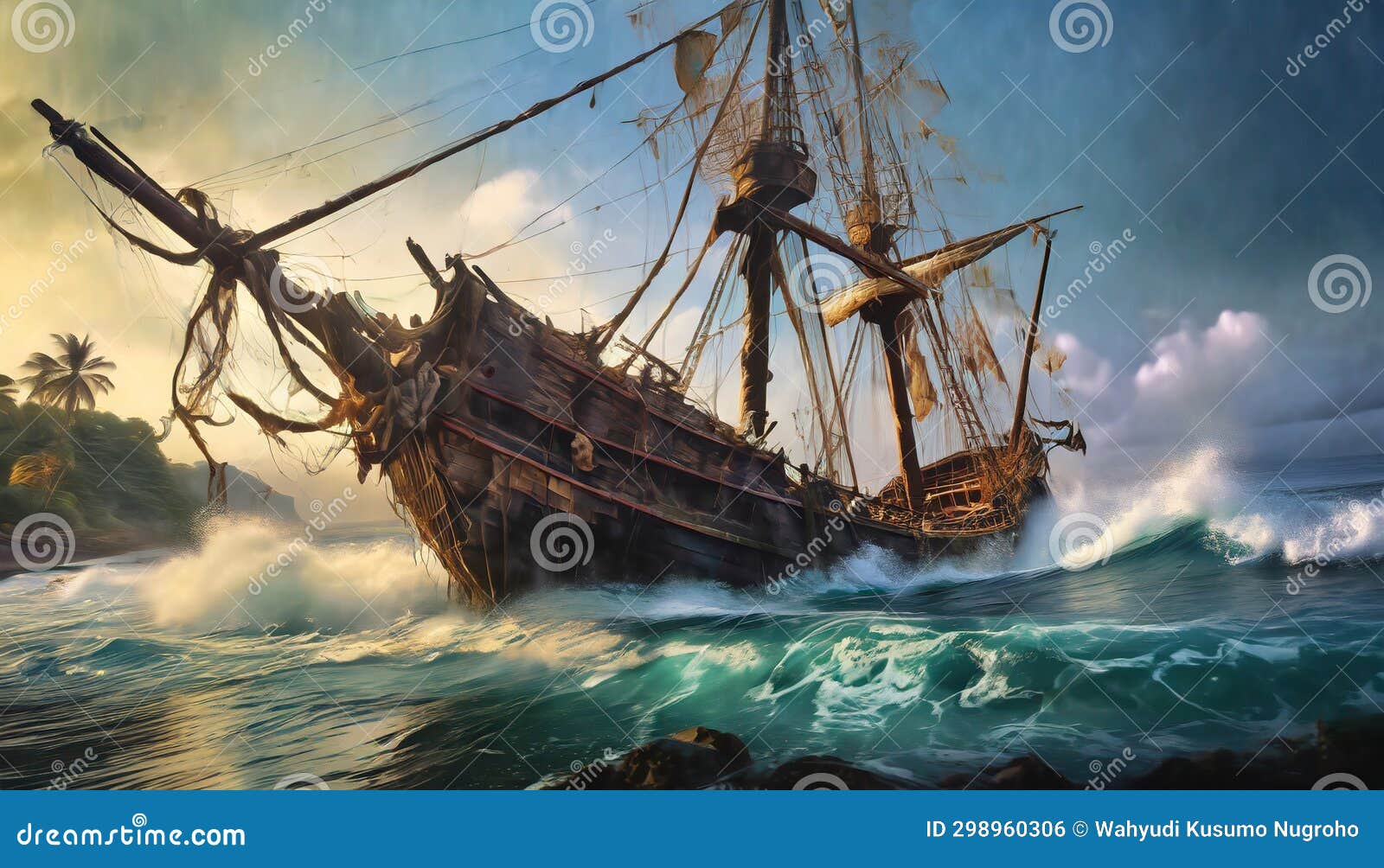 Forgotten Majesty: Decaying Pirate Ship Adrift Stock Photo - Image of ...