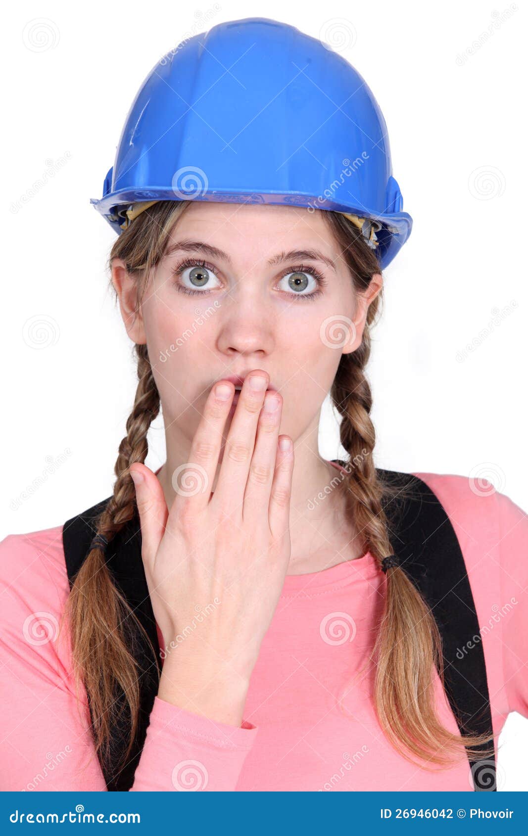Embarrassed female builder stock photo. Image of head - 26946042