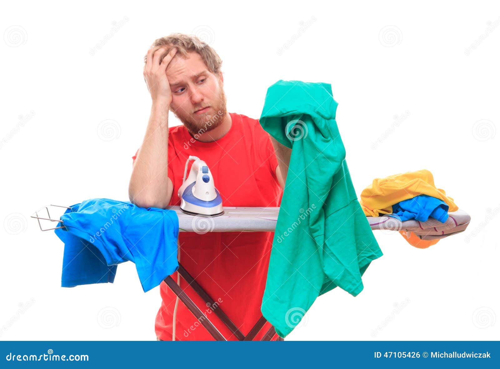 Embarrassed Man Irons Clothes on Board Stock Photo - Image of years ...