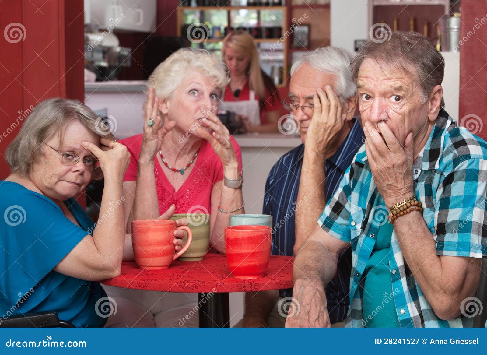 Embarrassed Seniors with Loud Friend Stock Image - Image of group ...