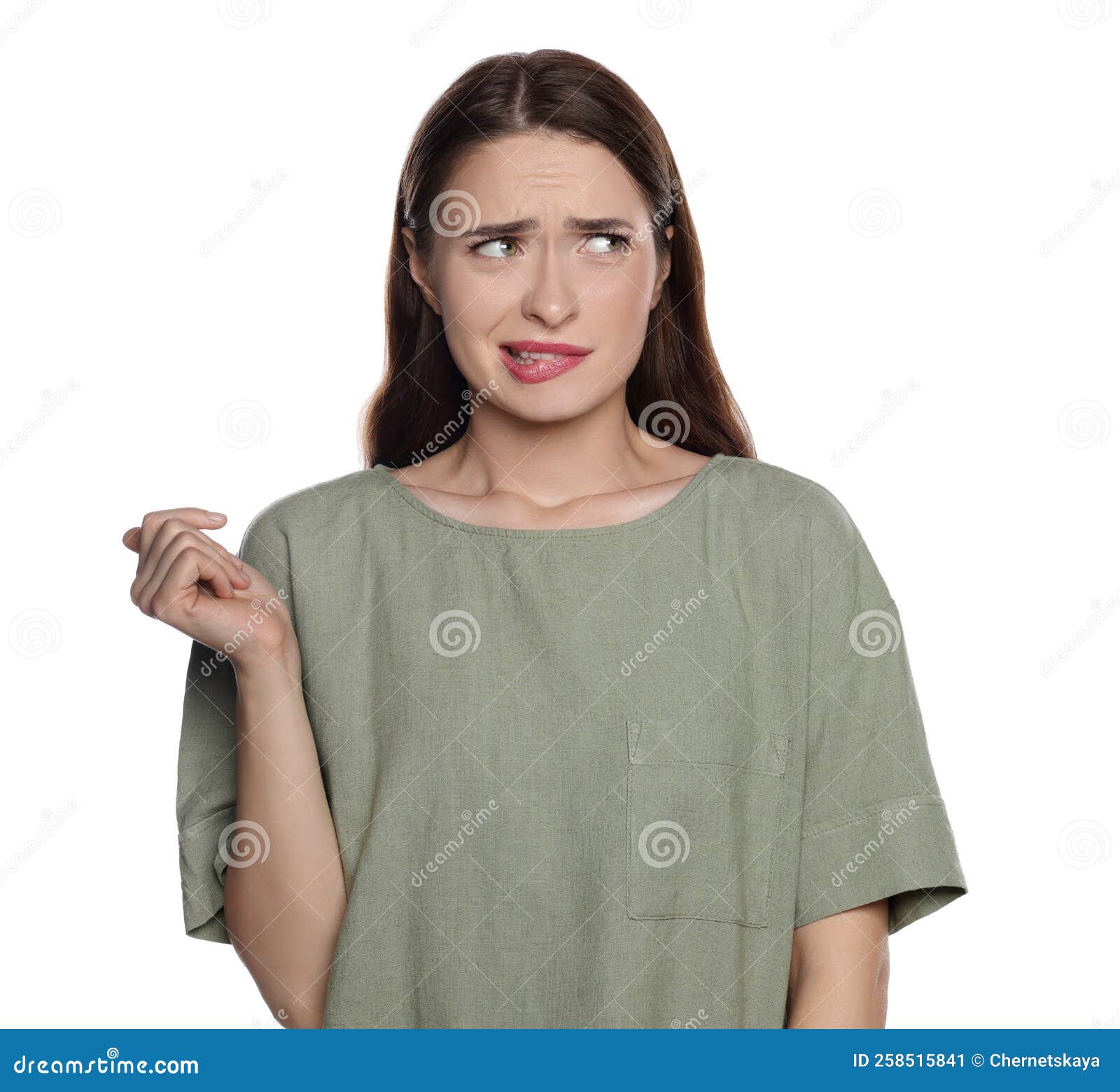 Embarrassed Young Woman in Shirt on White Background Stock Image ...