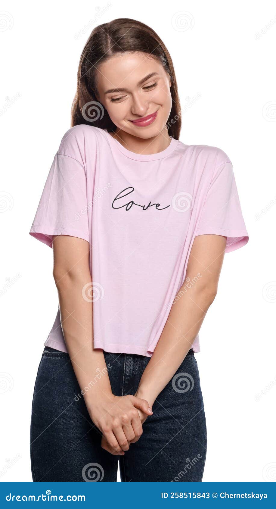 Embarrassed Young Woman in Shirt on White Background Stock Image ...