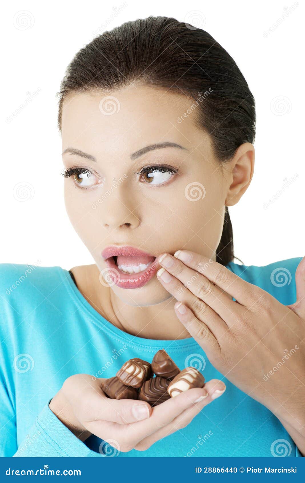 Embarrassment Woman with Chocolates Stock Photo - Image of background ...
