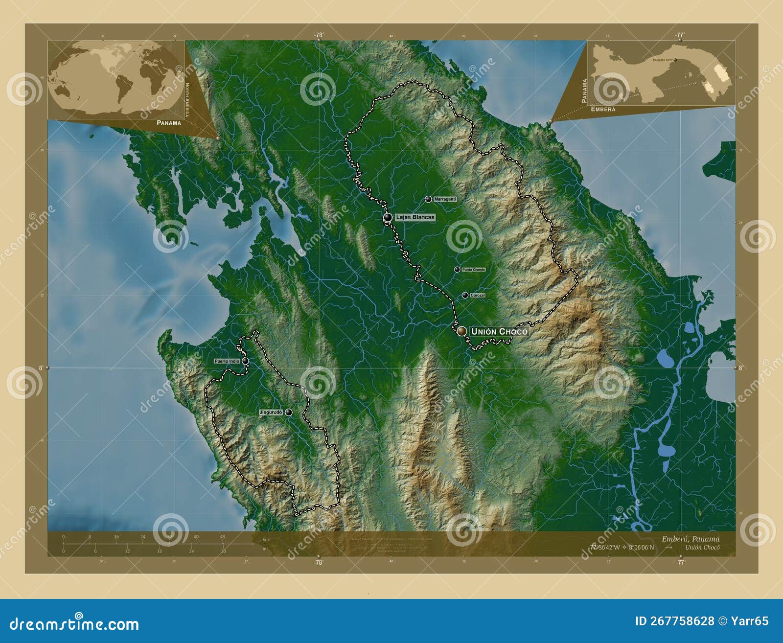 Embera, Panama. Physical. Labelled Points of Cities Stock Illustration ...
