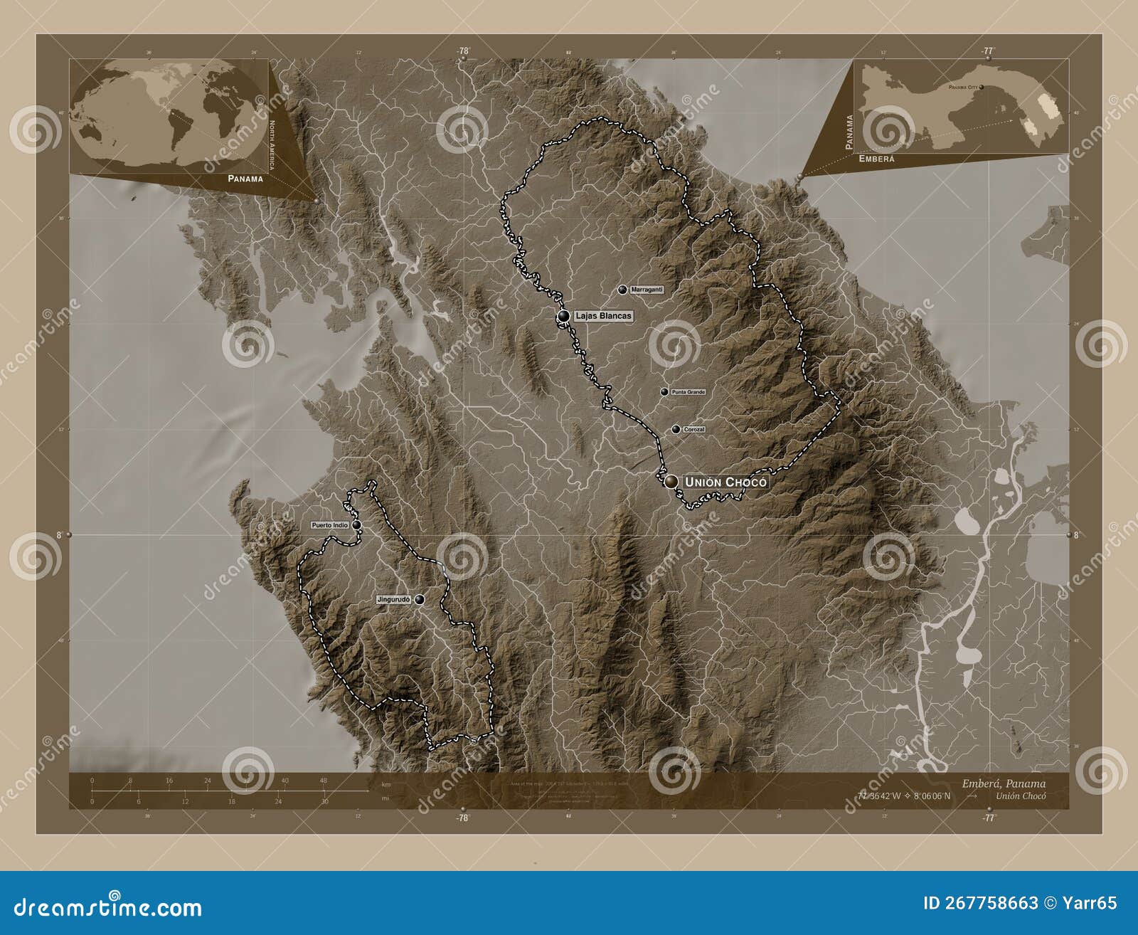 Embera, Panama. Sepia. Labelled Points of Cities Stock Illustration ...
