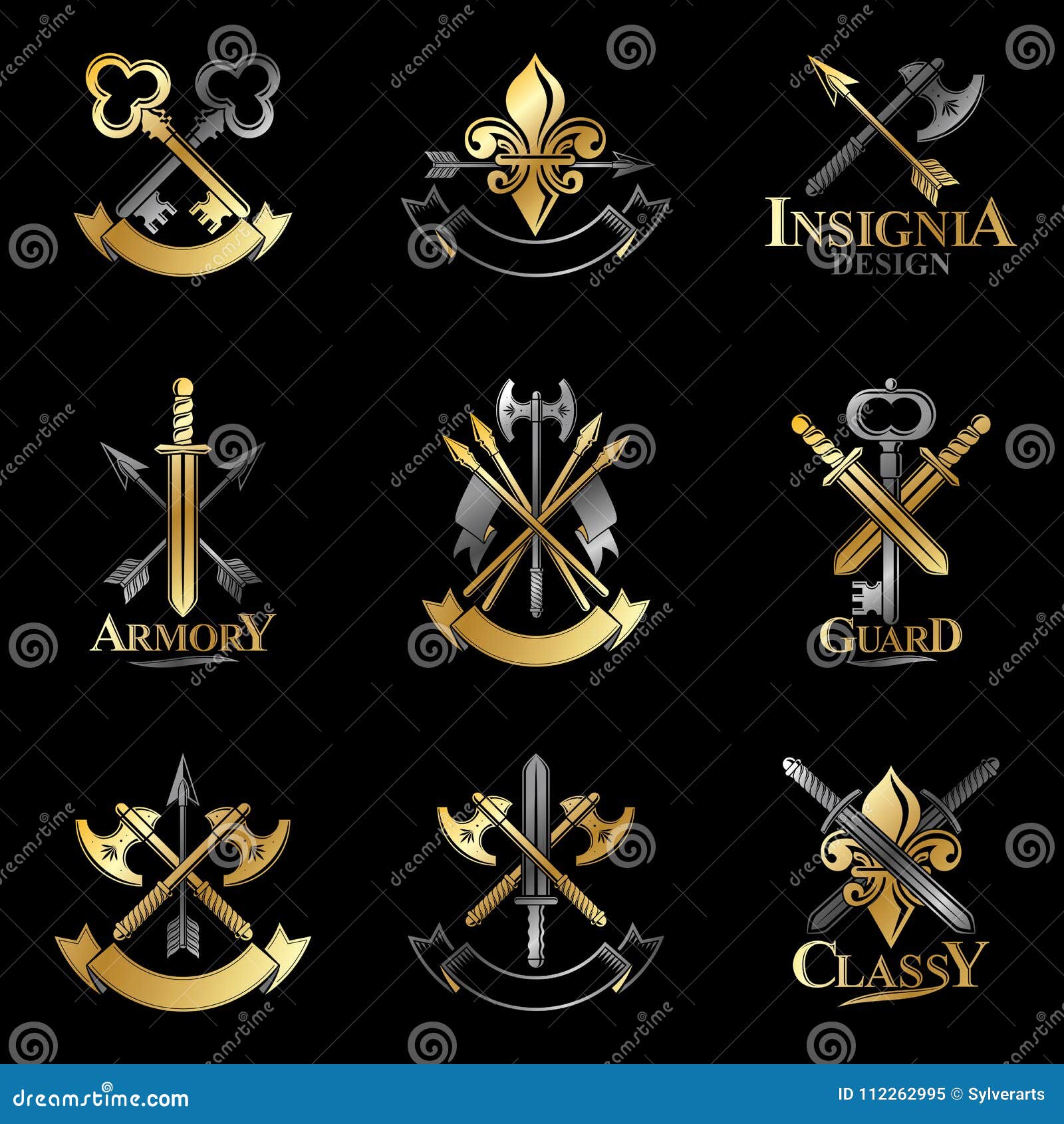 Emblemas Da Arma Do Vintage Ajustados Colle Dos Elementos Do Projeto Do ...