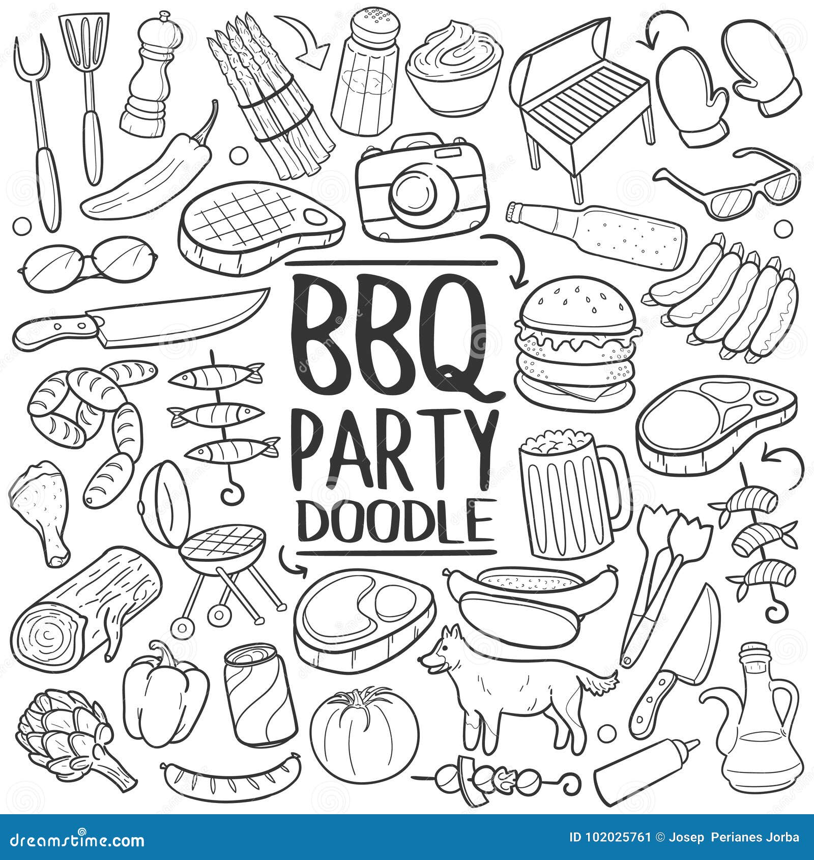 BBQ Barbecue Party Traditional Doodle Icon Hand Draw Set Stock Vector ...