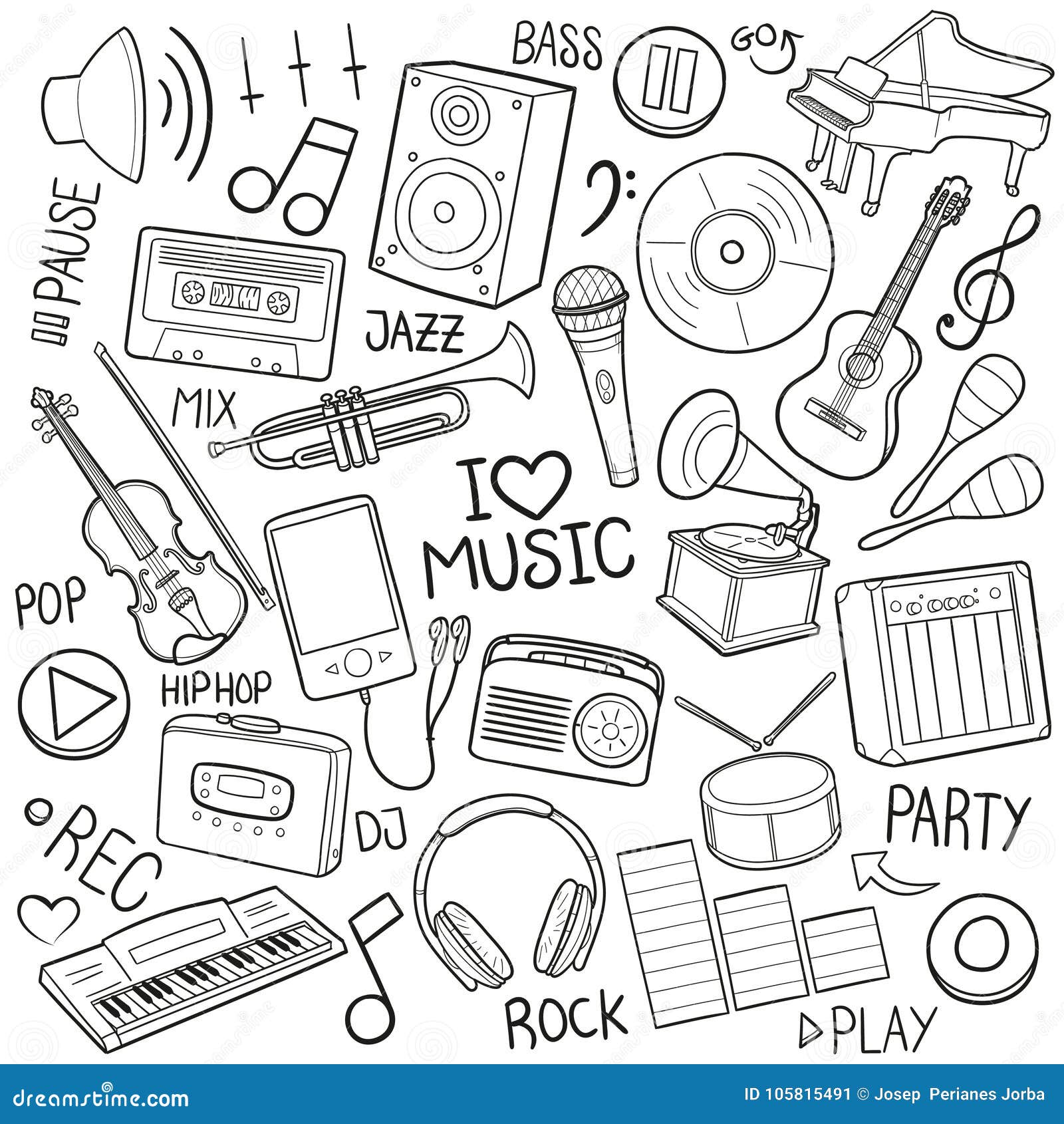 Music Tools Equipment Traditional Doodle Icons Sketch Hand Made Design ...