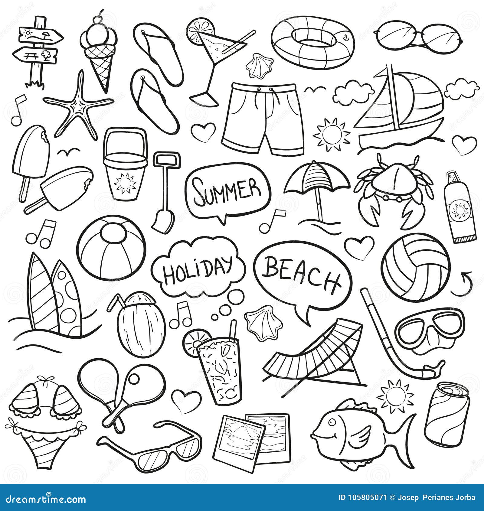 Beach Day Traditional Doodle Icons Sketch Hand Made Design Vector ...