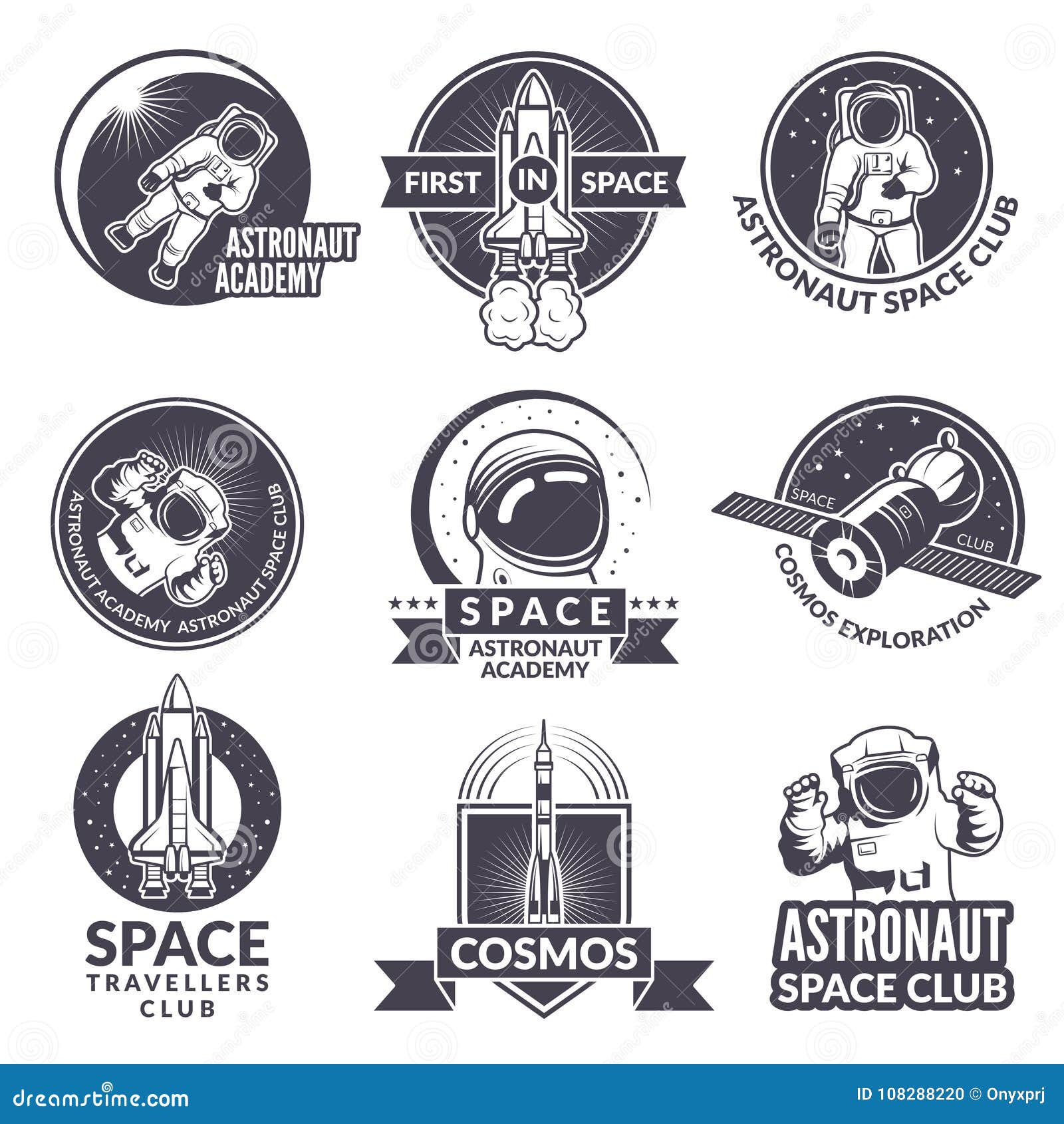 Emblems, Labels or Logos of Space Theme with Illustrations of Space and ...