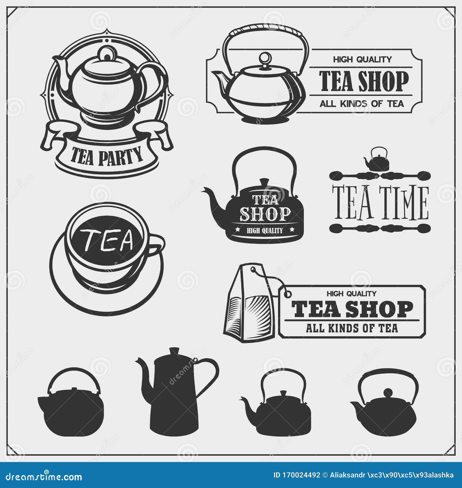 Emblems of Tea Shop and Tea Point. Teapots and Kettles Set Stock Vector ...