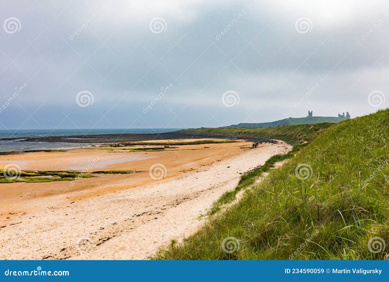 Embleton Bay and Burn Sandy Beach with the Ruins of Dunstanburgh Castle ...
